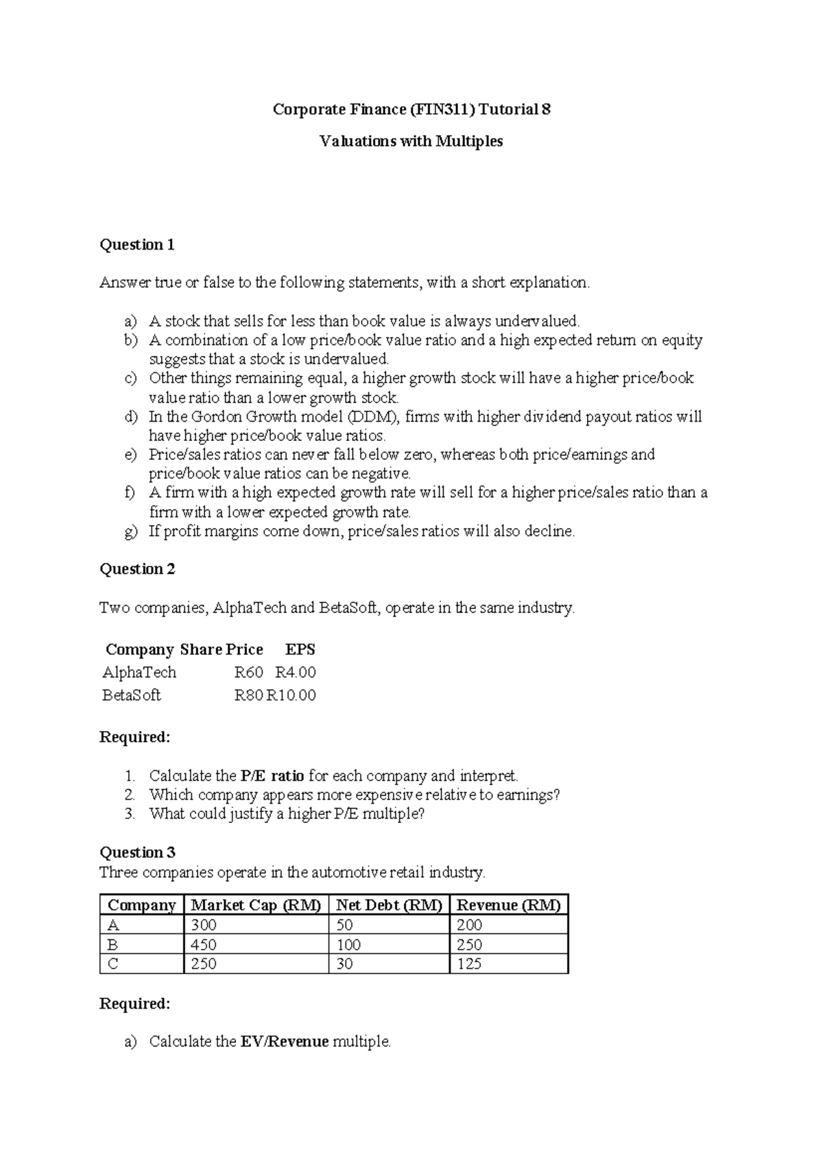 FIN311 Tutorial 8: Valuations with Multiples - Questions & Answers ...