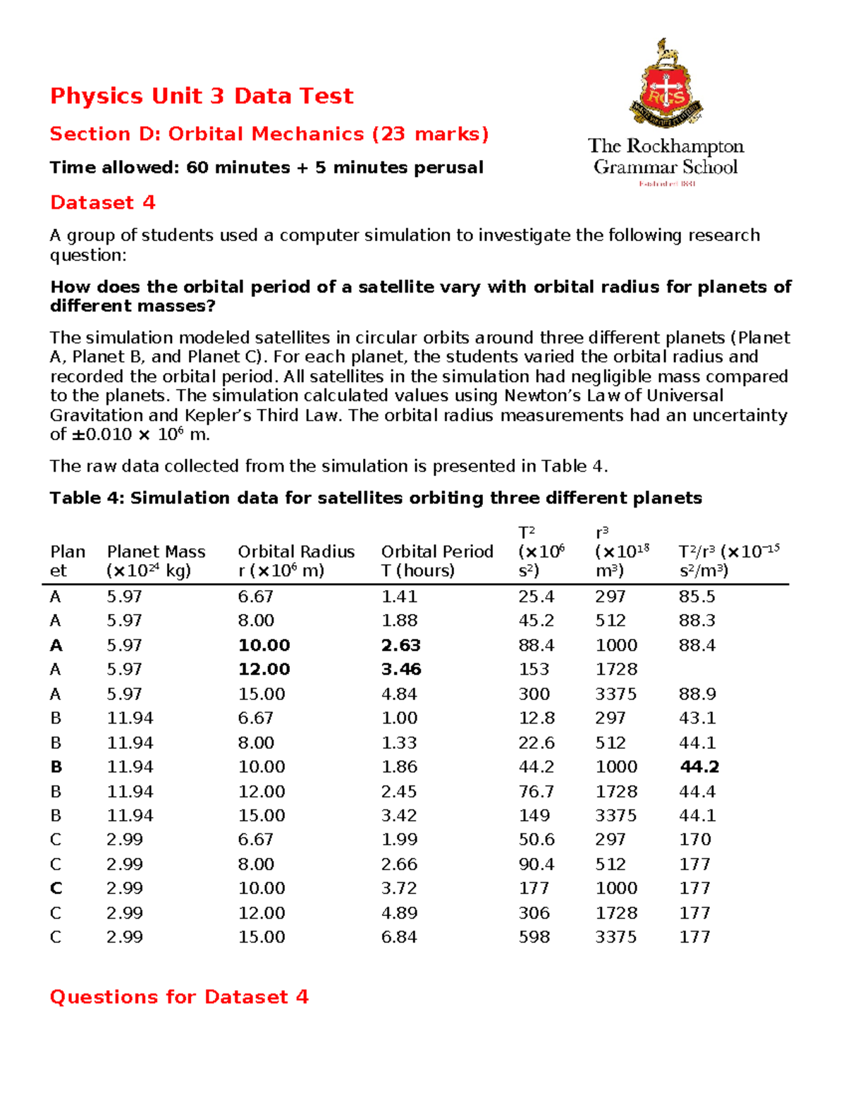 Physics Unit 3 Practice Data Test: Orbital Mechanics Questions - Studocu