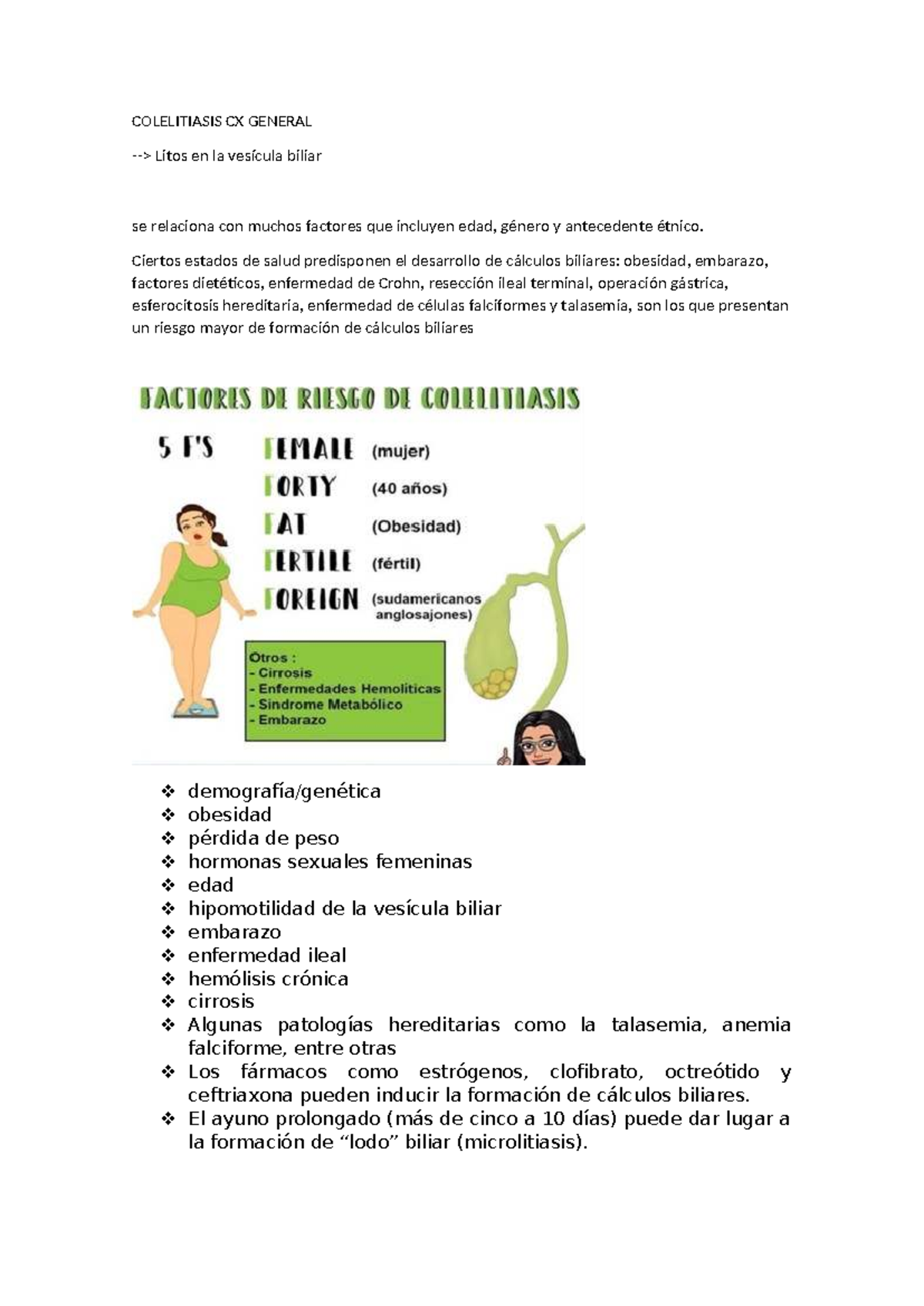 COLELITIASIS CX GENERAL: Factores, Clasificación y Tratamiento - Studocu
