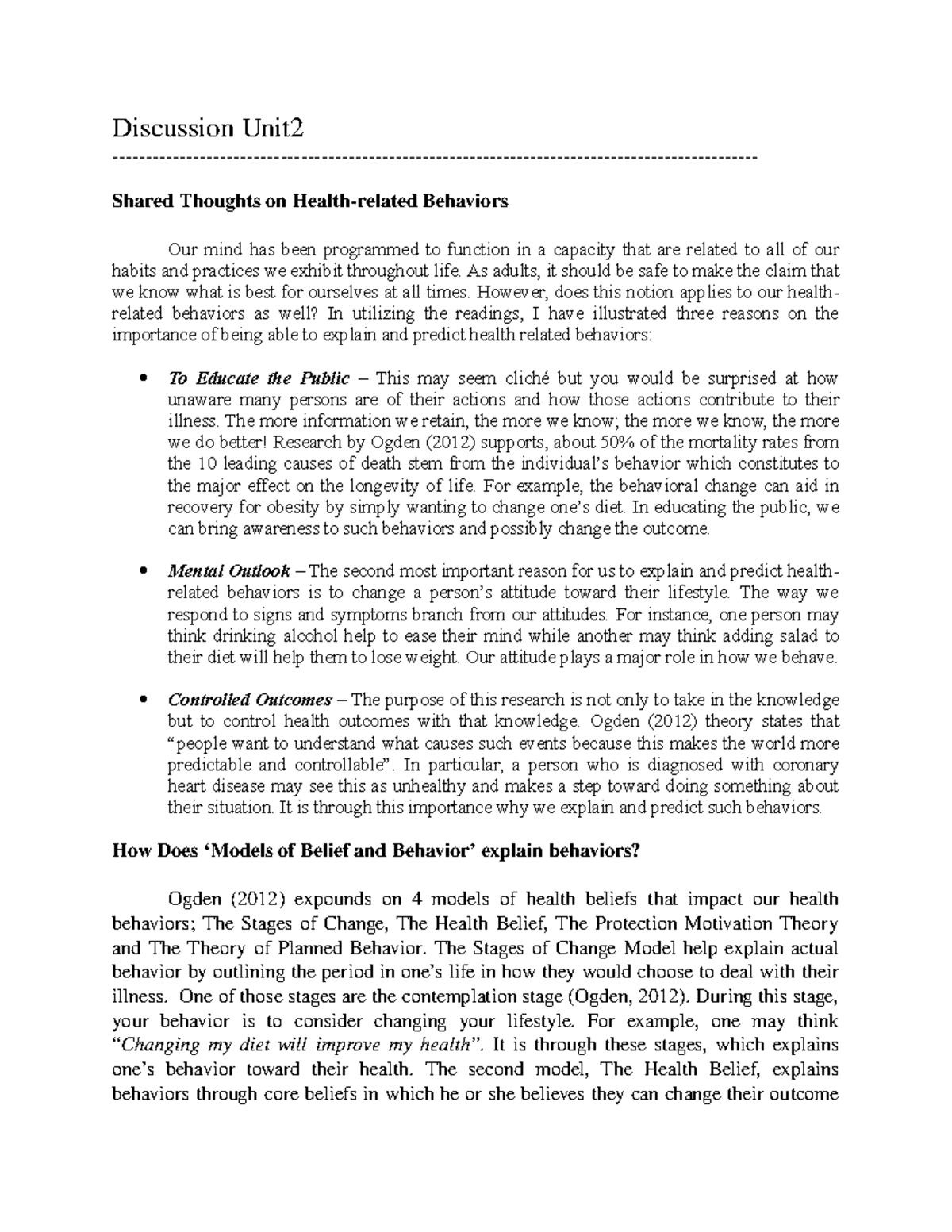 Psych 1111 - Discussion Unit 2 - Discussion Unit Shared Thoughts on ...