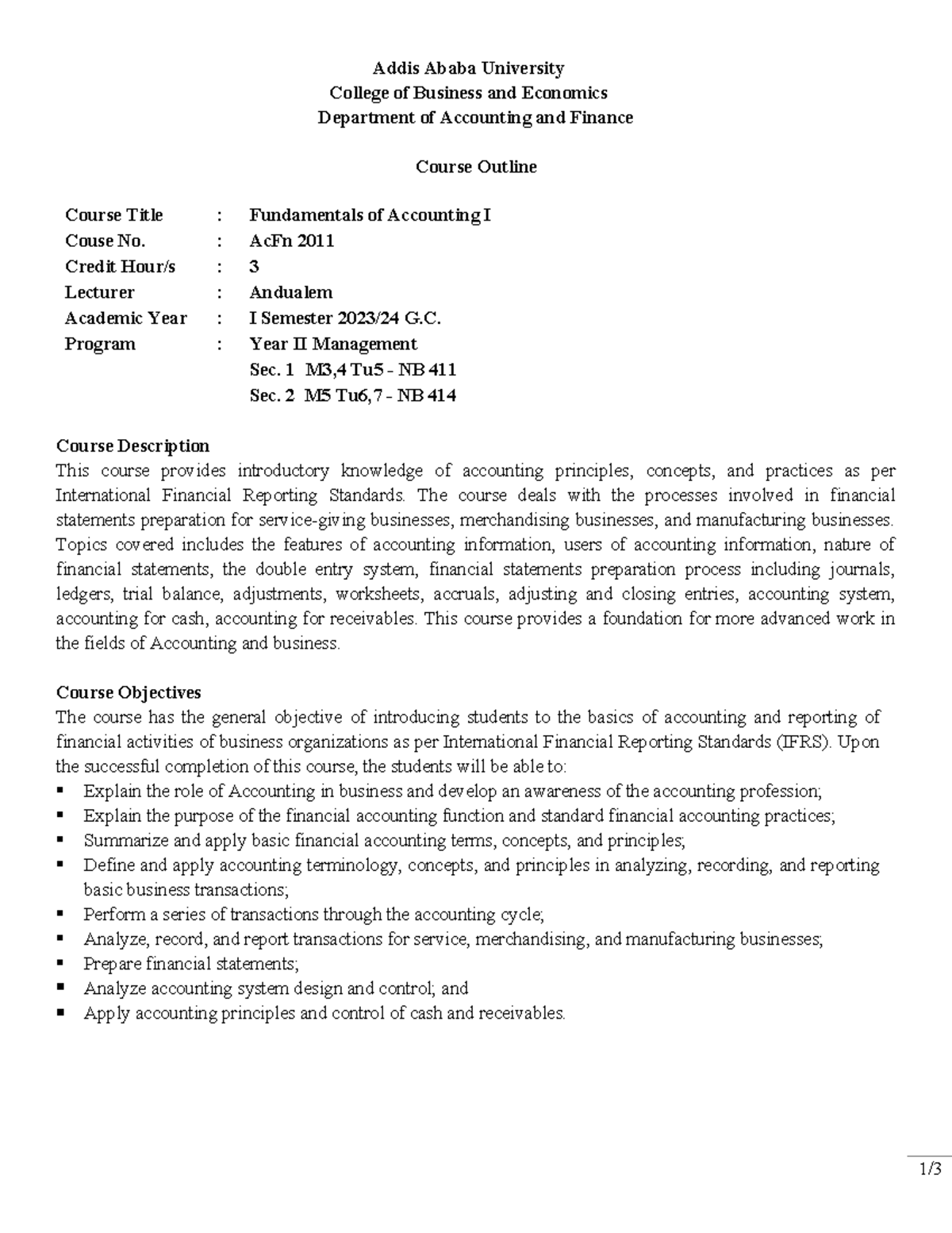 AcFn 2011 Fundamentals of Accounting I Course Outline 2023/24 - Studocu