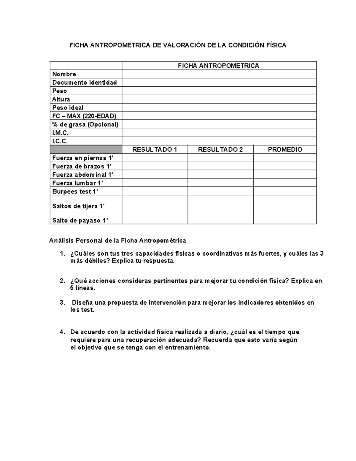 Ficha Antropométrica de Valoración de la Condición Física - Análisis y ...