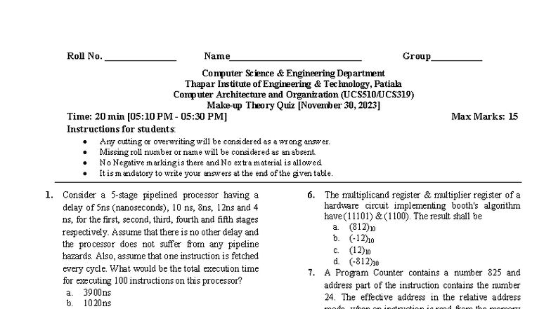 Computer Architecture & Organization Quiz - CSE 101 - Studocu