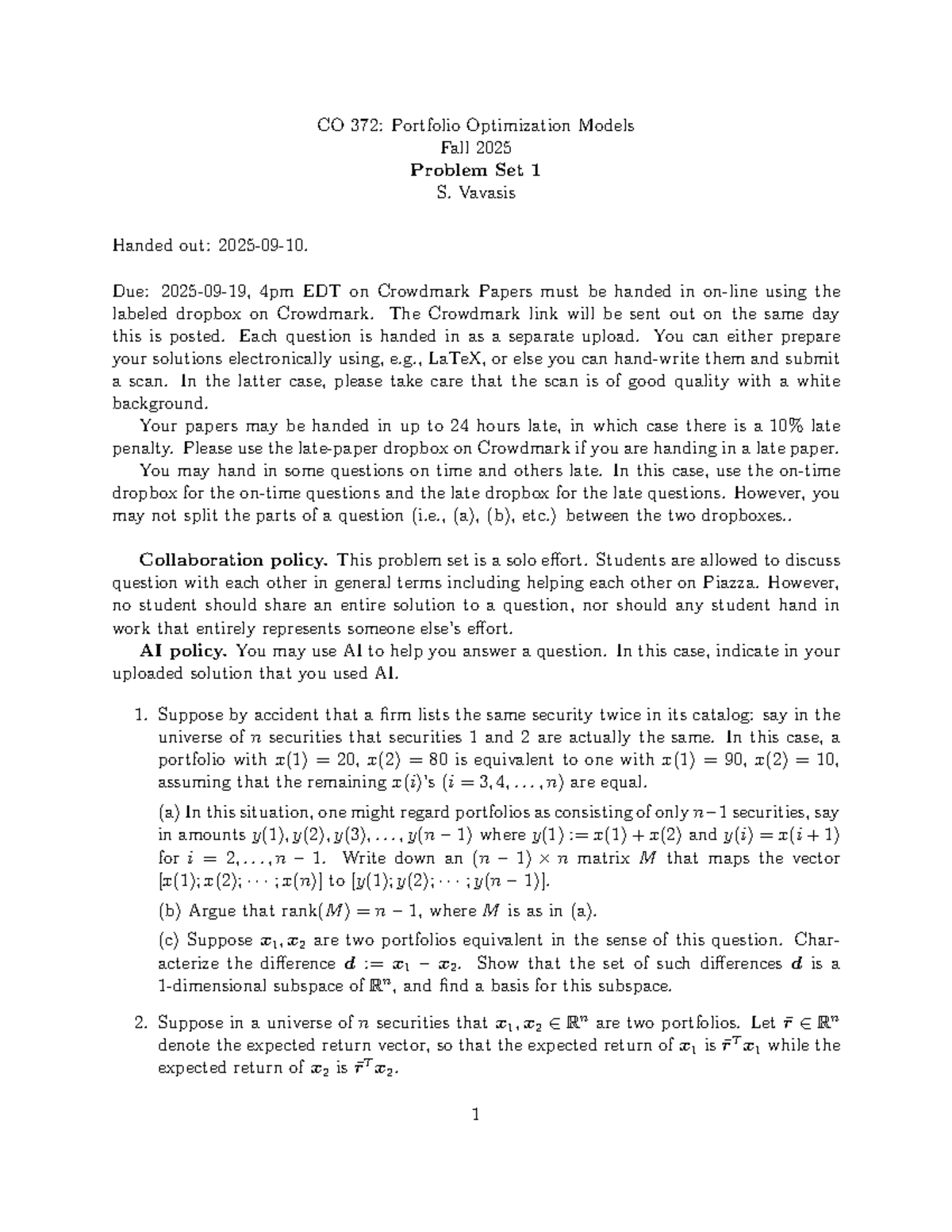 CO 372: Portfolio Optimization Models Fall 2025 Problem Set 1 - Studocu