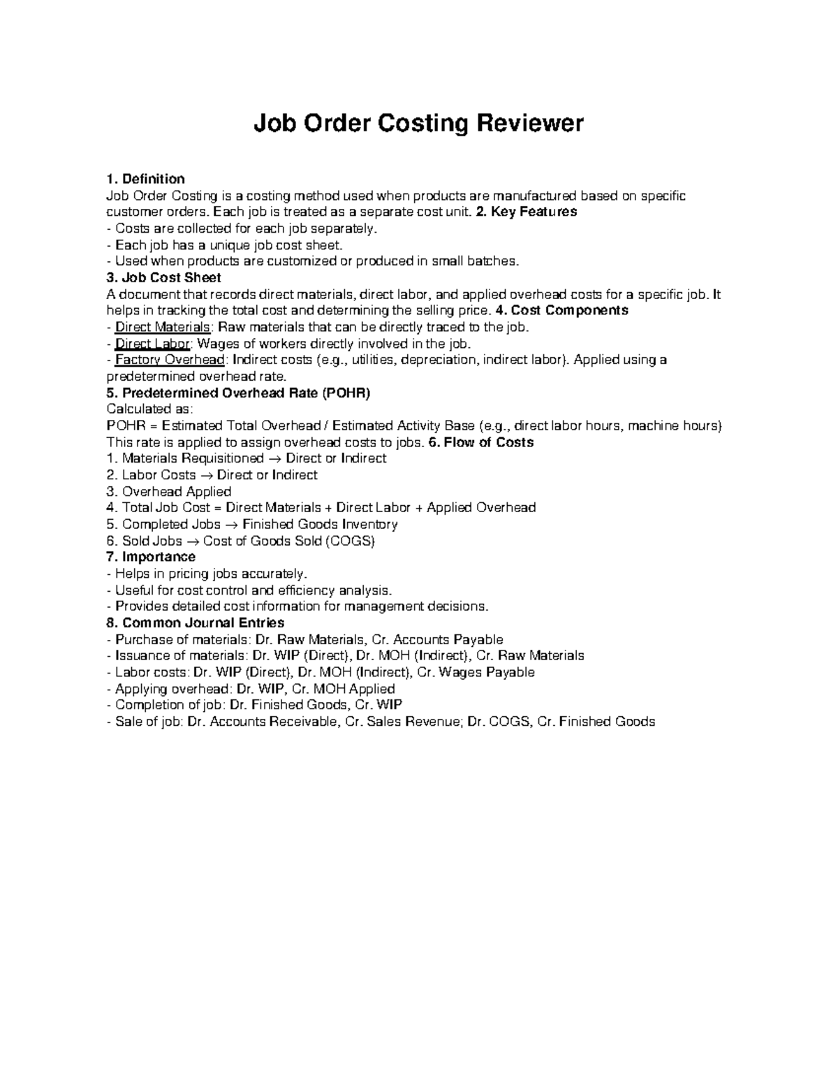 Job Order Costing Overview: Key Features & Components - Studocu