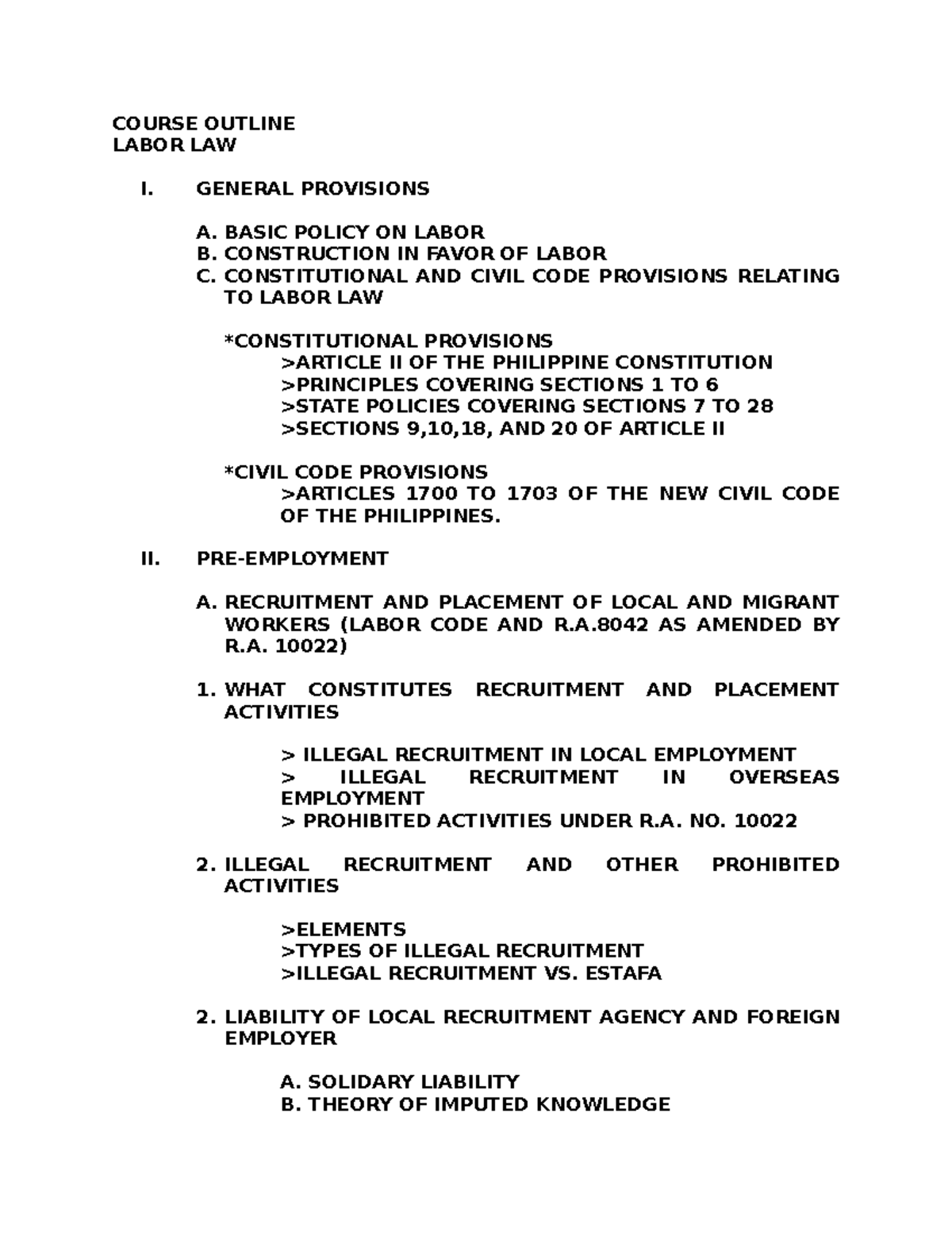 Labor Law Course Outline: Part 1 Overview and Key Topics - Studocu