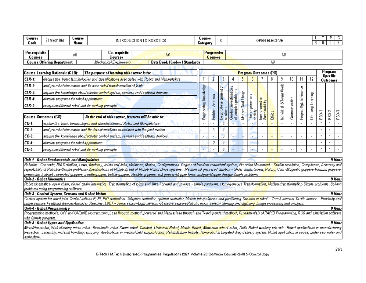 21MEO106T - Intro to Robotics Syllabus Overview and Learning Outcomes ...