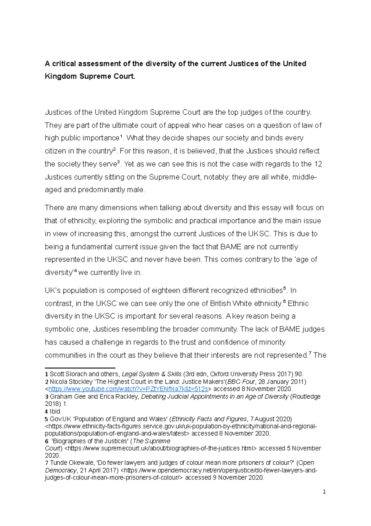 Critical Essay on diversity in UKSC judges - A critical assessment of ...
