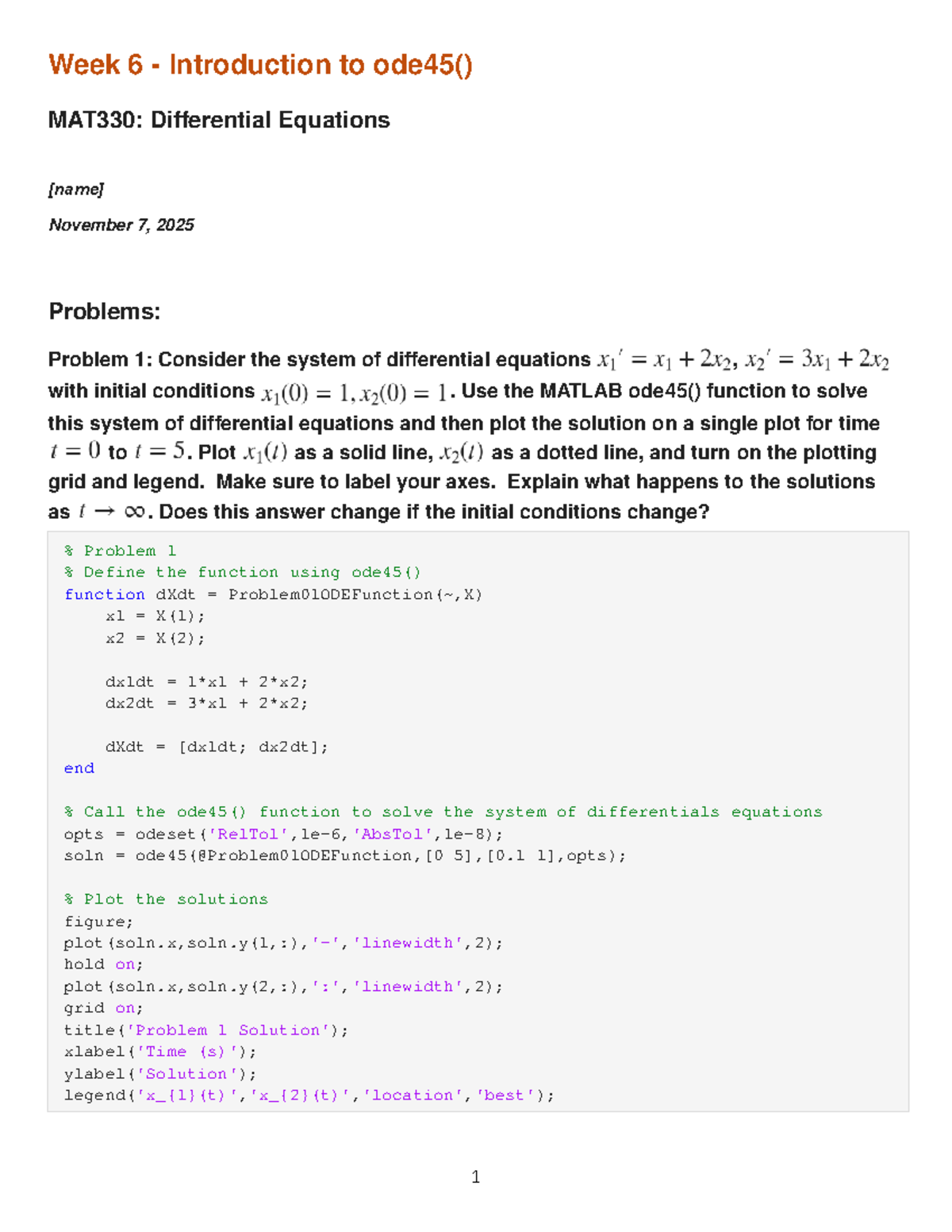 MAT330: Differential Equations - Week 6 Introduction to ode45() - Studocu