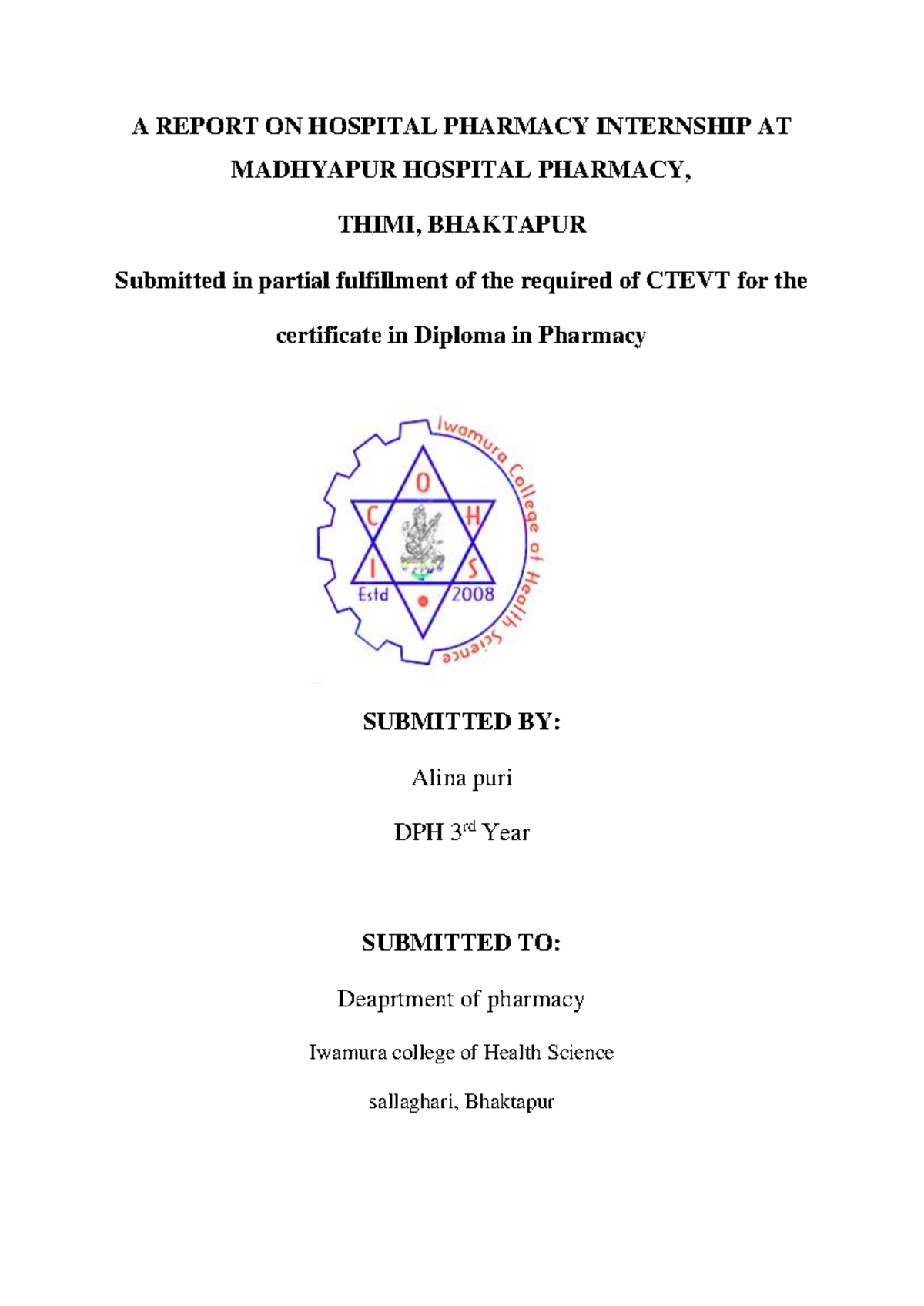 Madhyapur Hospital Pharmacy Internship Report - DPH 3rd Year - Studocu