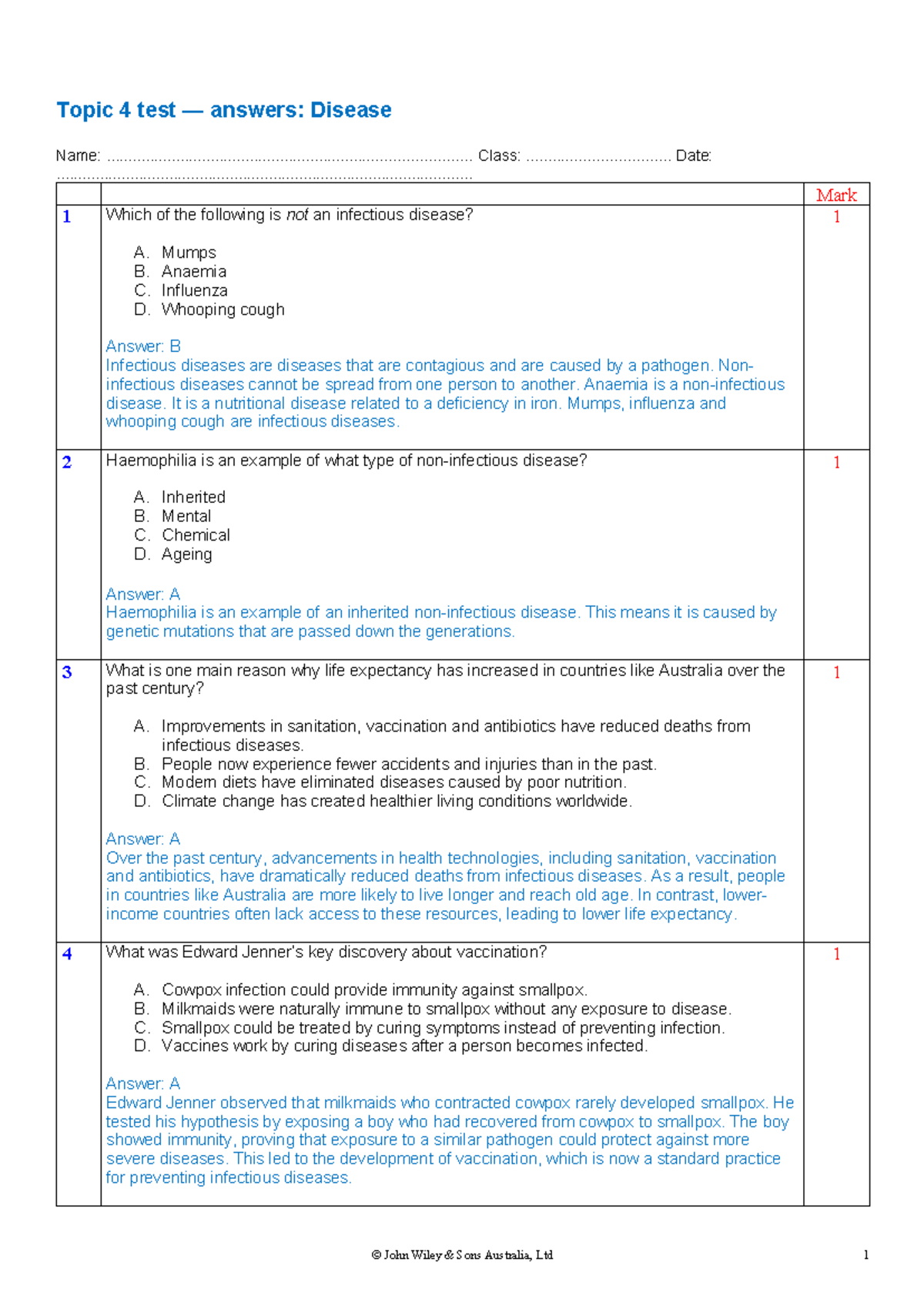 Topic 4 Test Answers: Understanding Infectious Diseases and Immunity ...