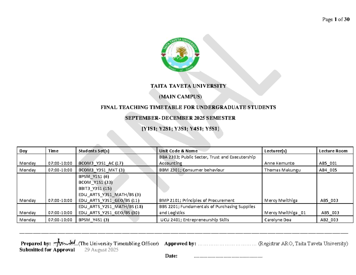 Final Teaching Timetable for Undergraduates (Dec 2025) - Studocu