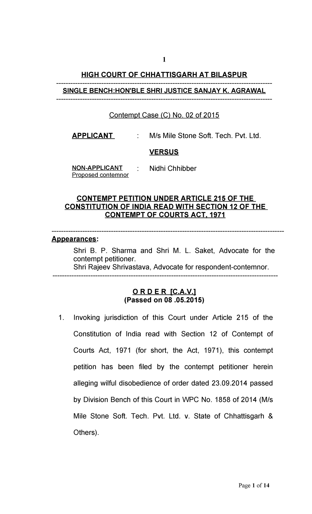 Contempt Case (C) No. 02 of 2015: Analysis & Court Order Insights - Studocu