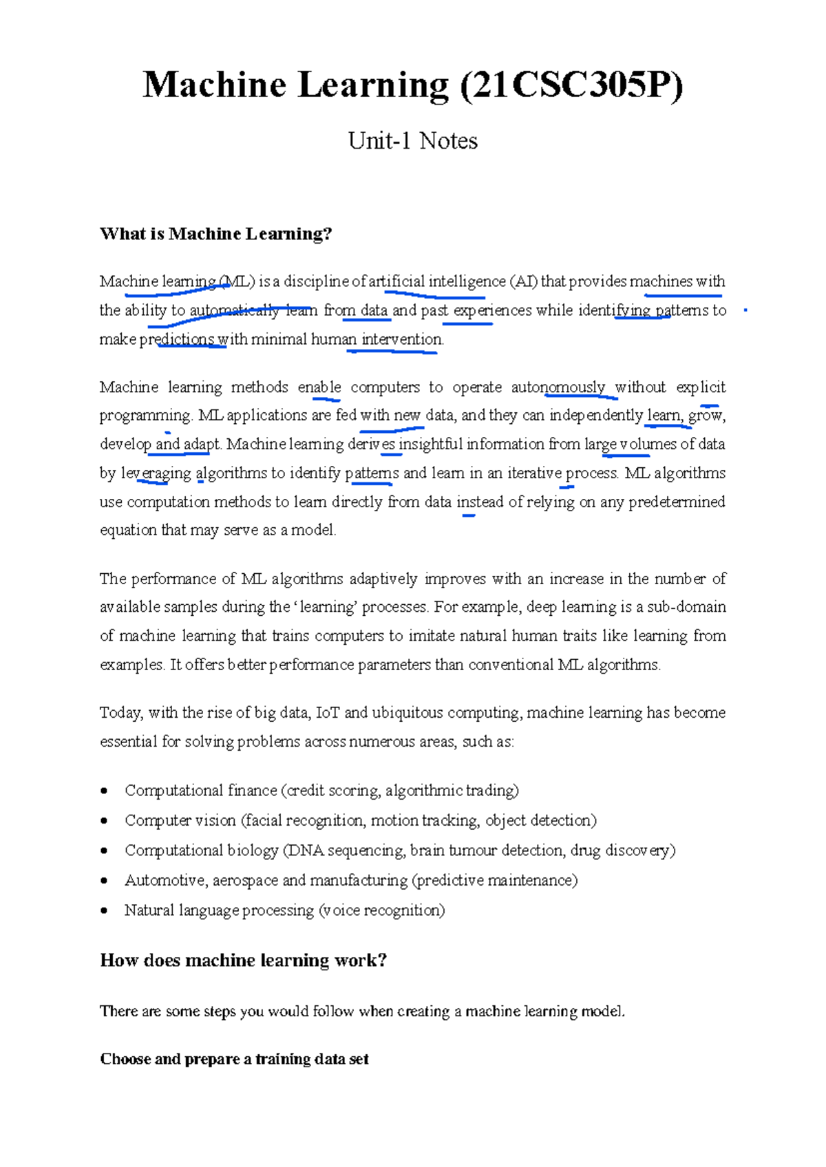 Machine Learning (21CSC305P) Unit 1 Notes: Concepts & Applications ...