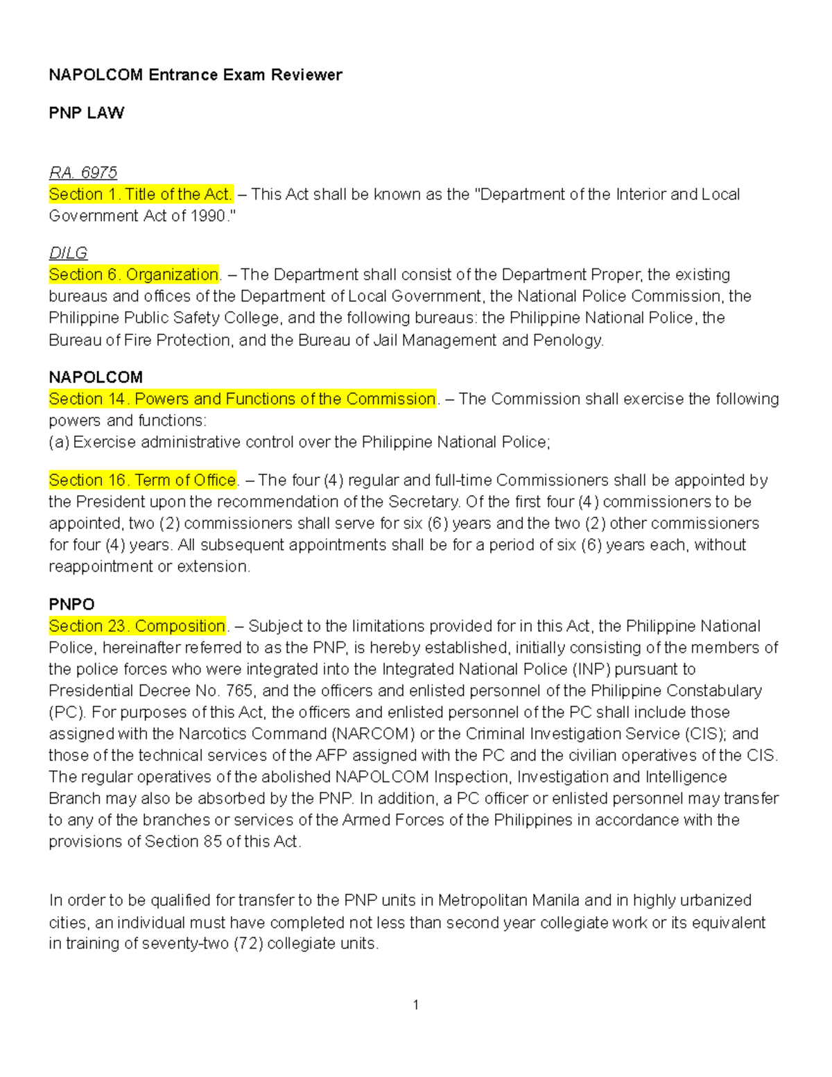 NAPOLCOM Entrance Exam Reviewer: PNP Law & Regulations Overview - Studocu