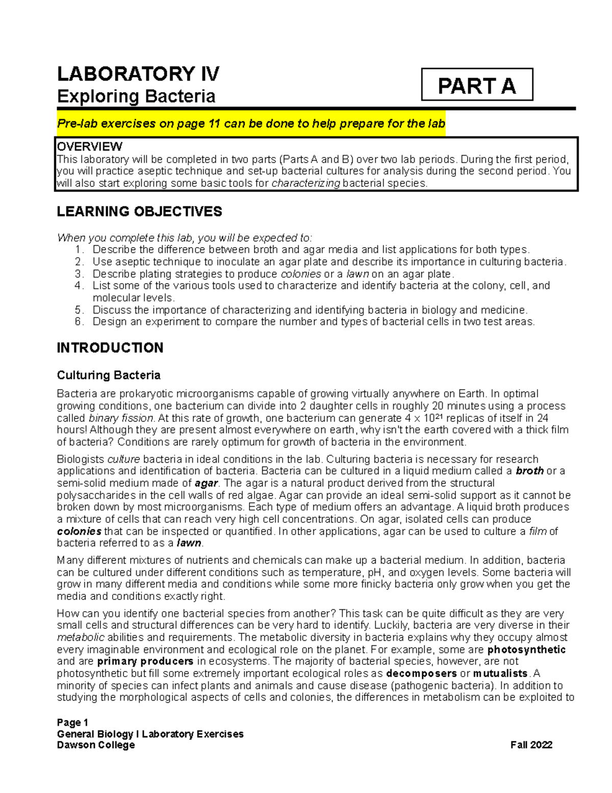 Lab 4 - Exploring Bacteria: Aseptic Technique & Culture Setup - Studocu