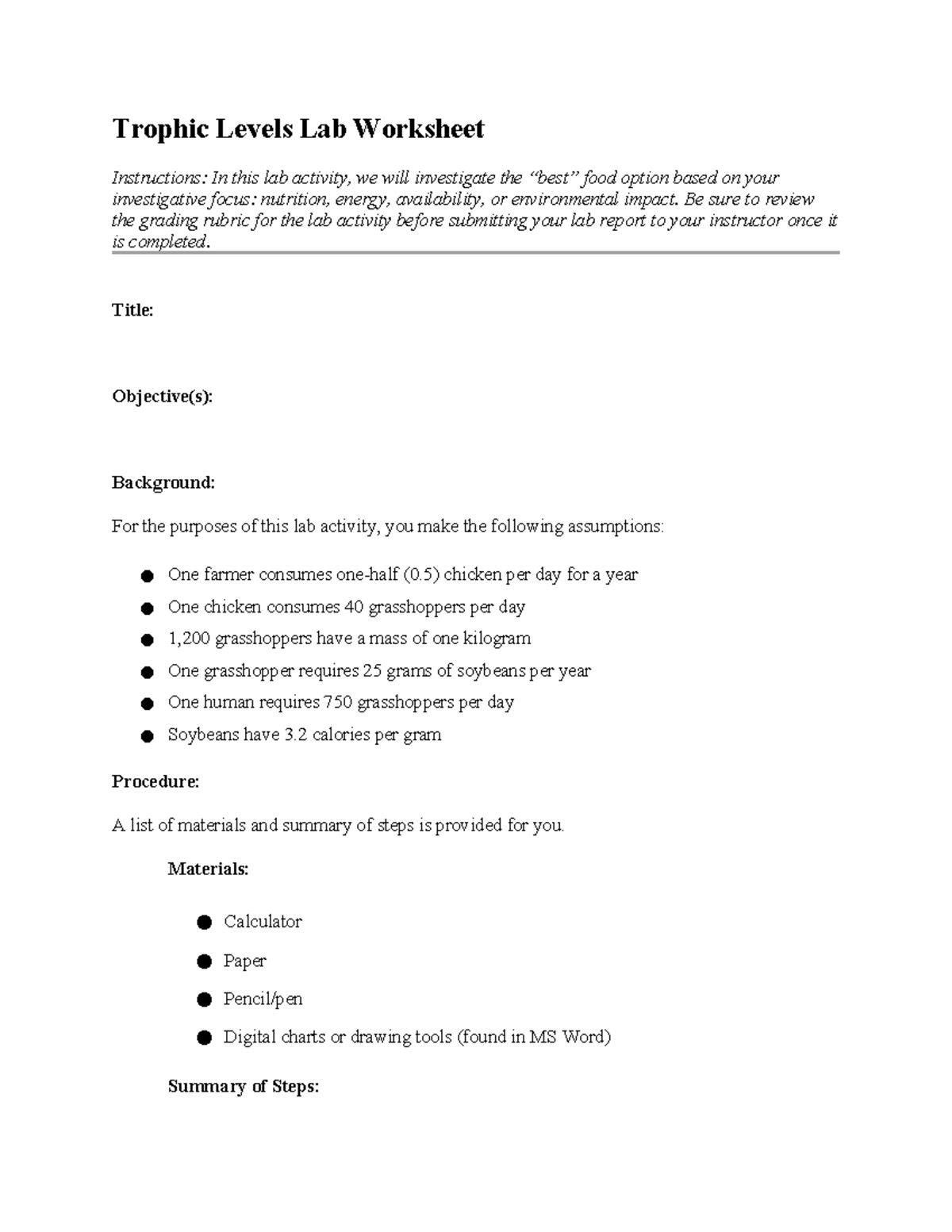 Trophic Levels Lab Report: Investigating Food Options and Ecosystems ...