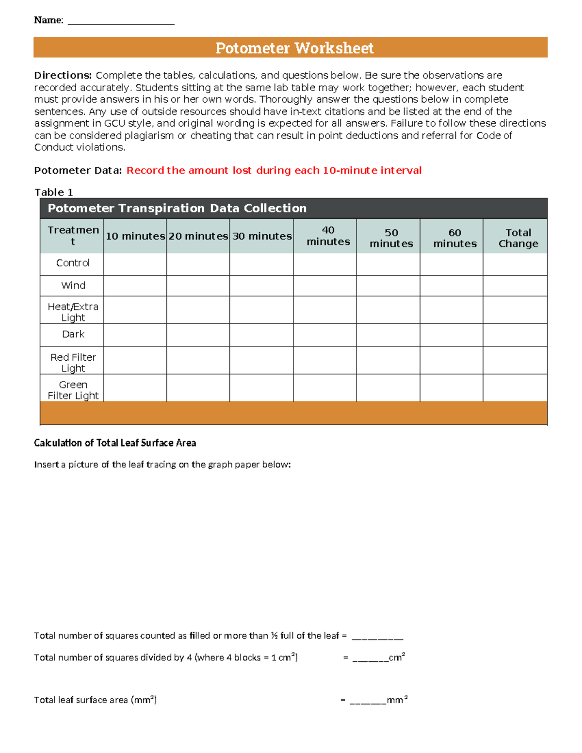 Bio182-06.01-worksheet Potometer - Name: Potometer Worksheet Directions ...