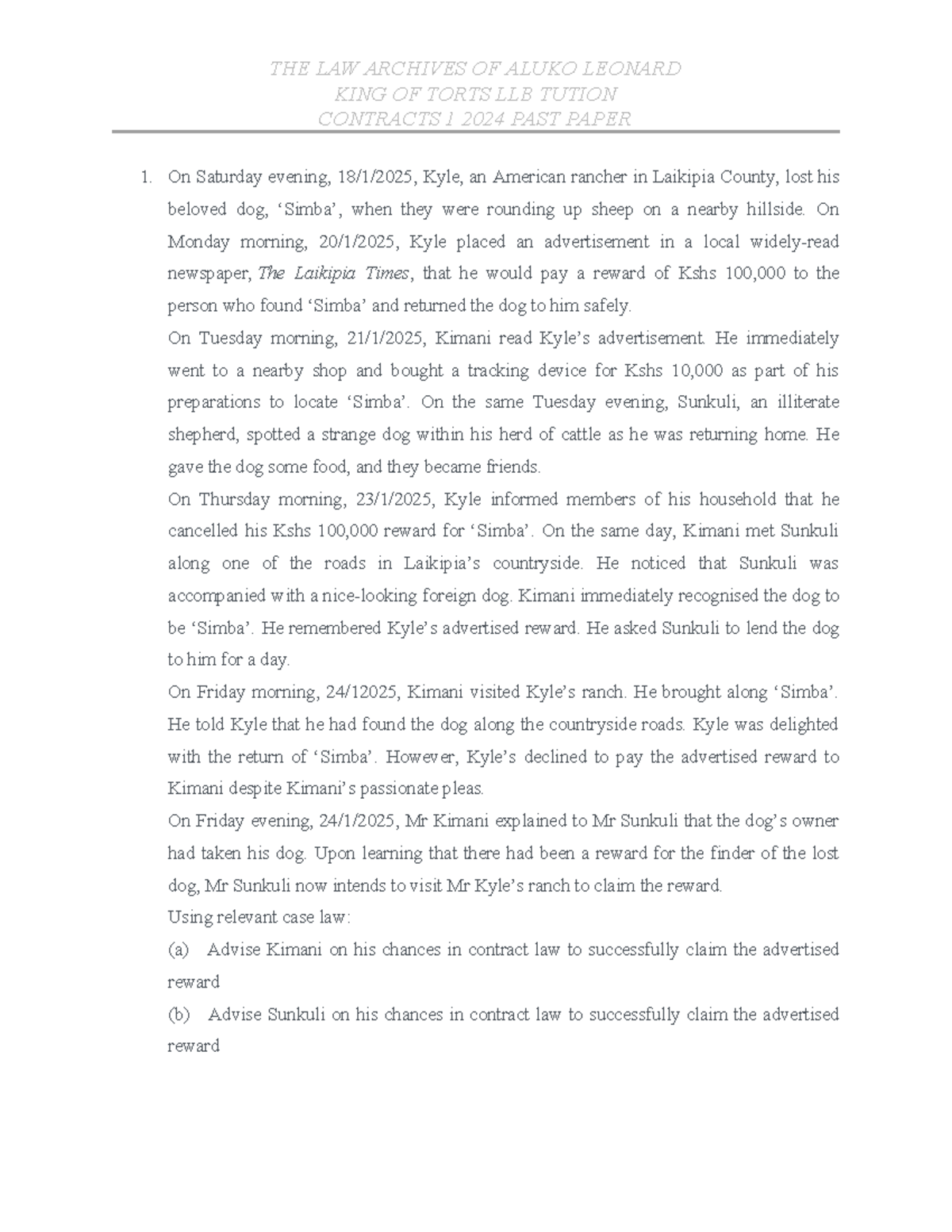 Contracts 1 LLB 2024 Past Paper: Reward Claim Analysis - Studocu