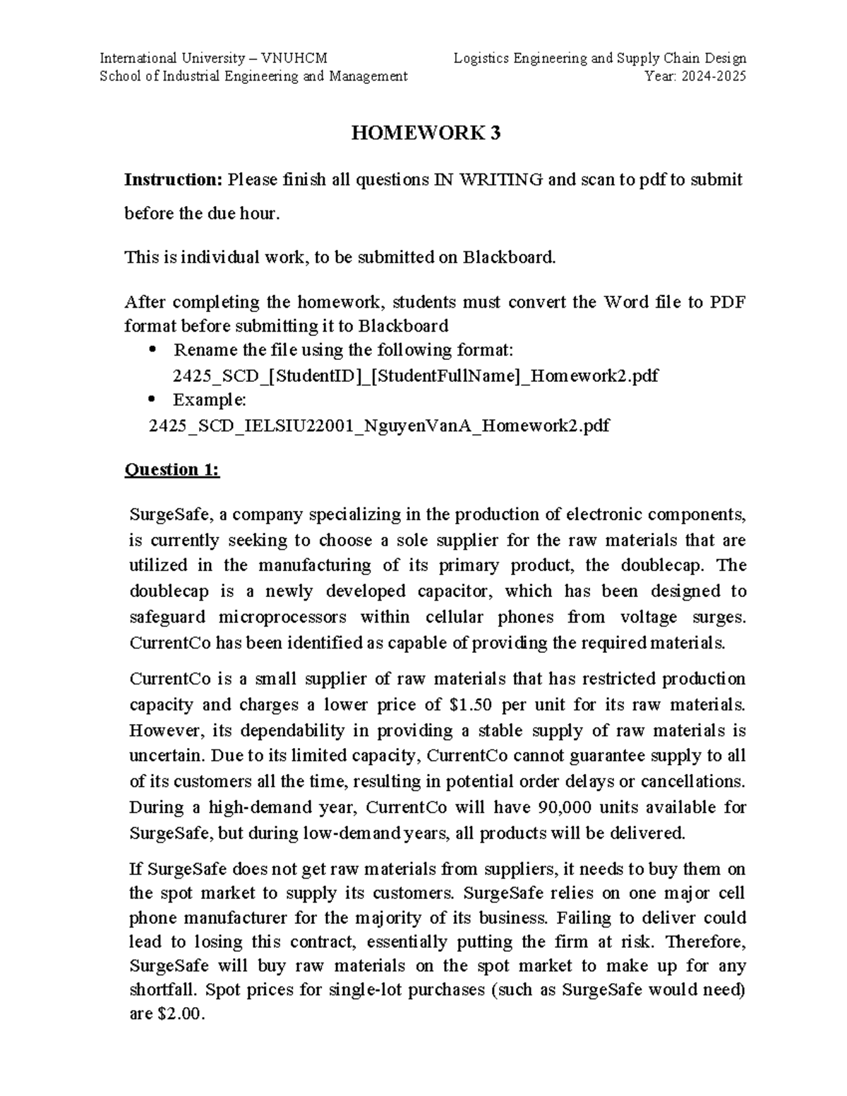 Homework 3 - Logistics Engineering and Supply Chain Design Analysis ...