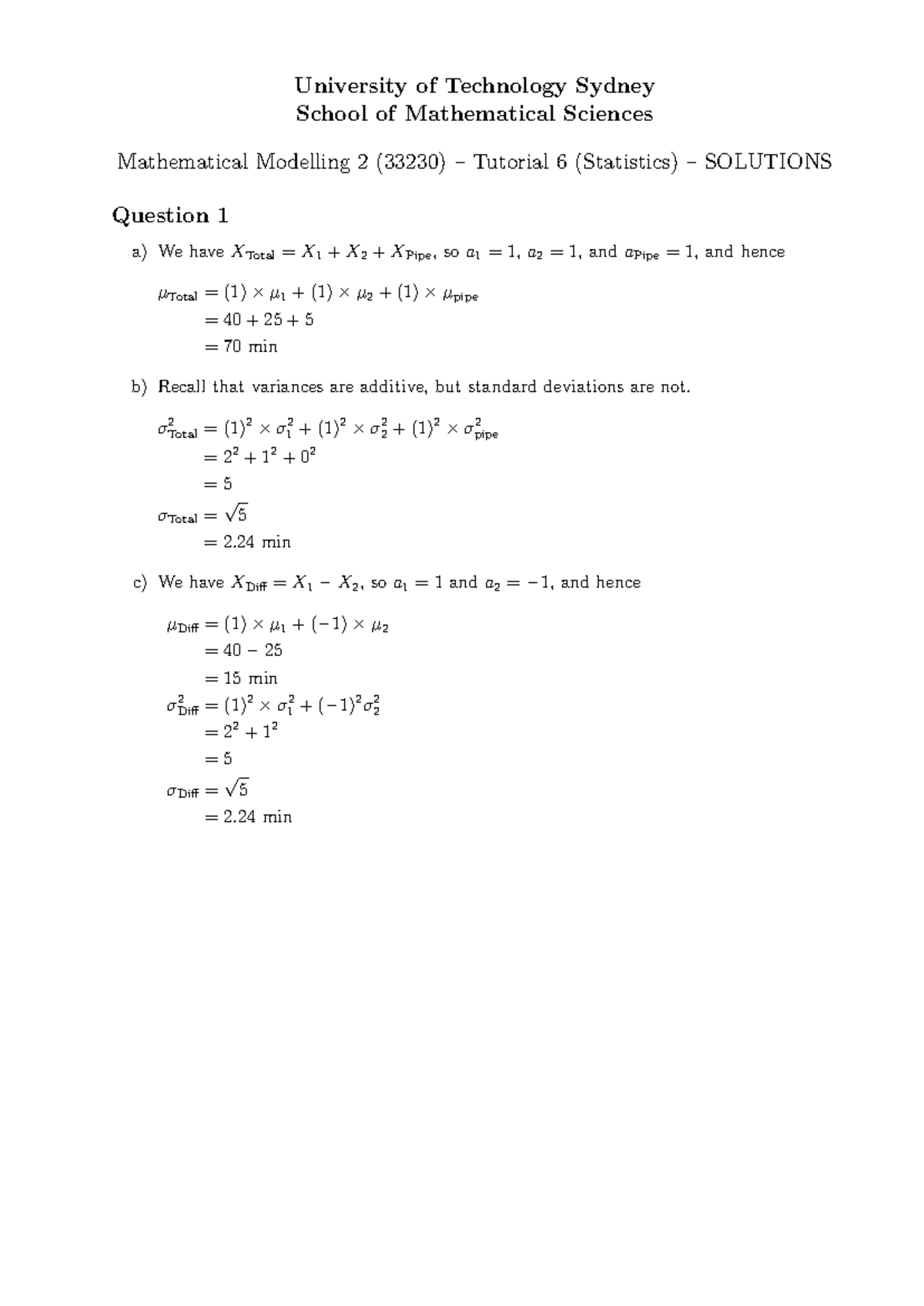Tutorial 6 Solutions - University of Technology Sydney School of ...