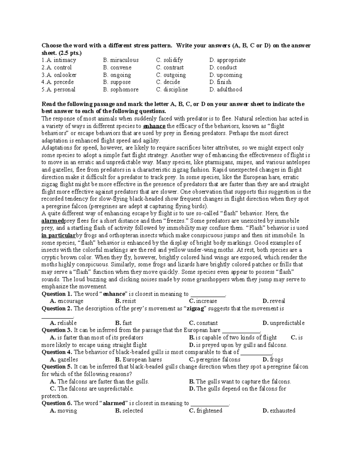 Test 02 - Test - Choose the word with a different stress pattern. Write ...