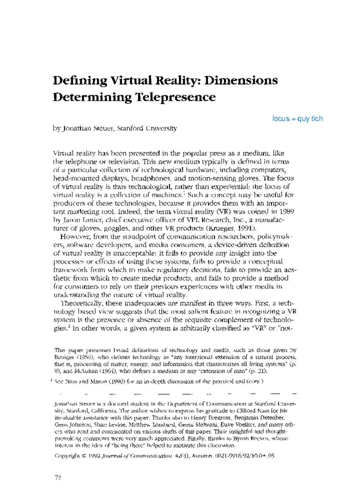 Steuer 1992 - Defining Virtual Reality: Dimensions Determining ...