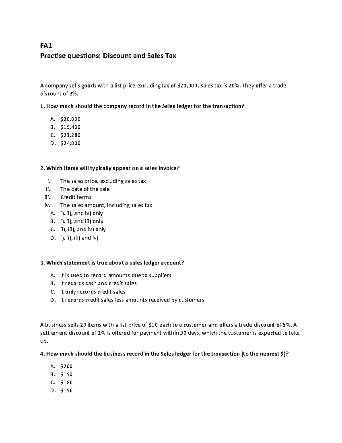 Discounts and Sales Tax Practice Questions for FA - Studocu