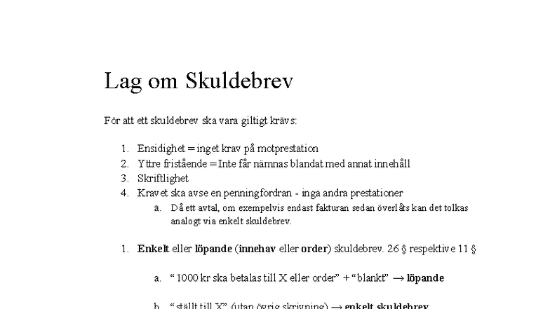 Lag om Skuldebrev: Giltighet och Invändningar - Juridik 101 - Studocu