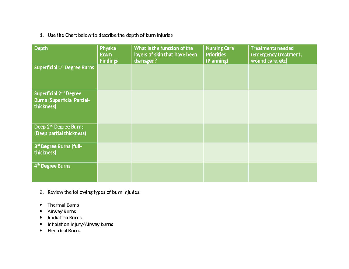 Burns Chart Study Guide: Understanding Burn Depths and Care - Studocu