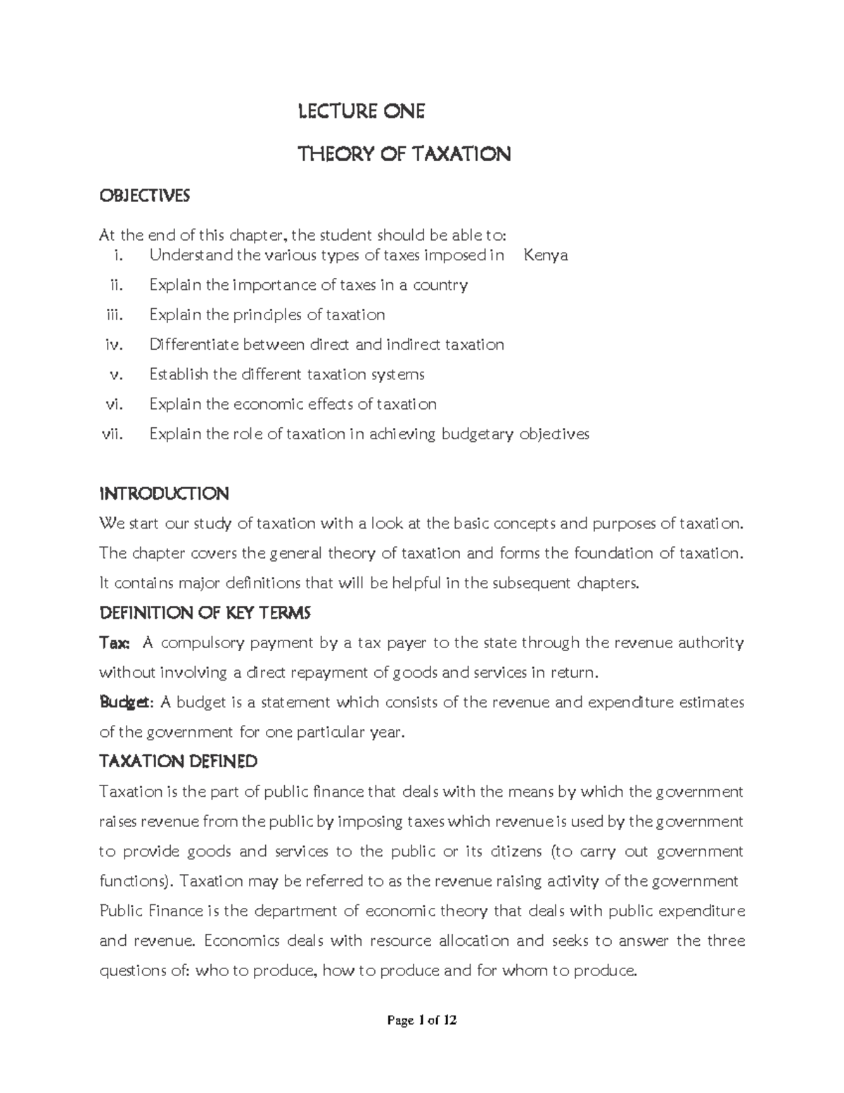 Taxation Principles: Lecture 1 Notes for Course Code TAX101 - Studocu