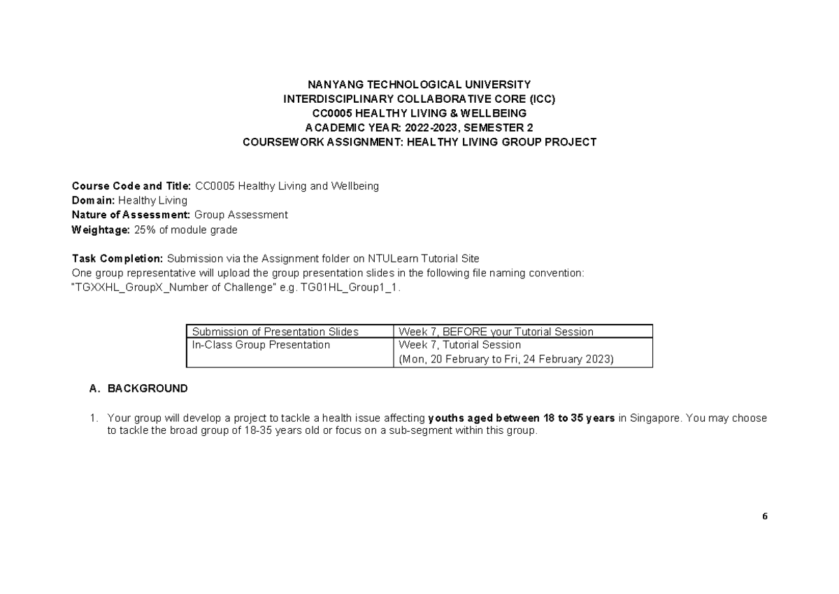 CC0005 Healthy Living Group Project Handout AY22/23 - Studocu