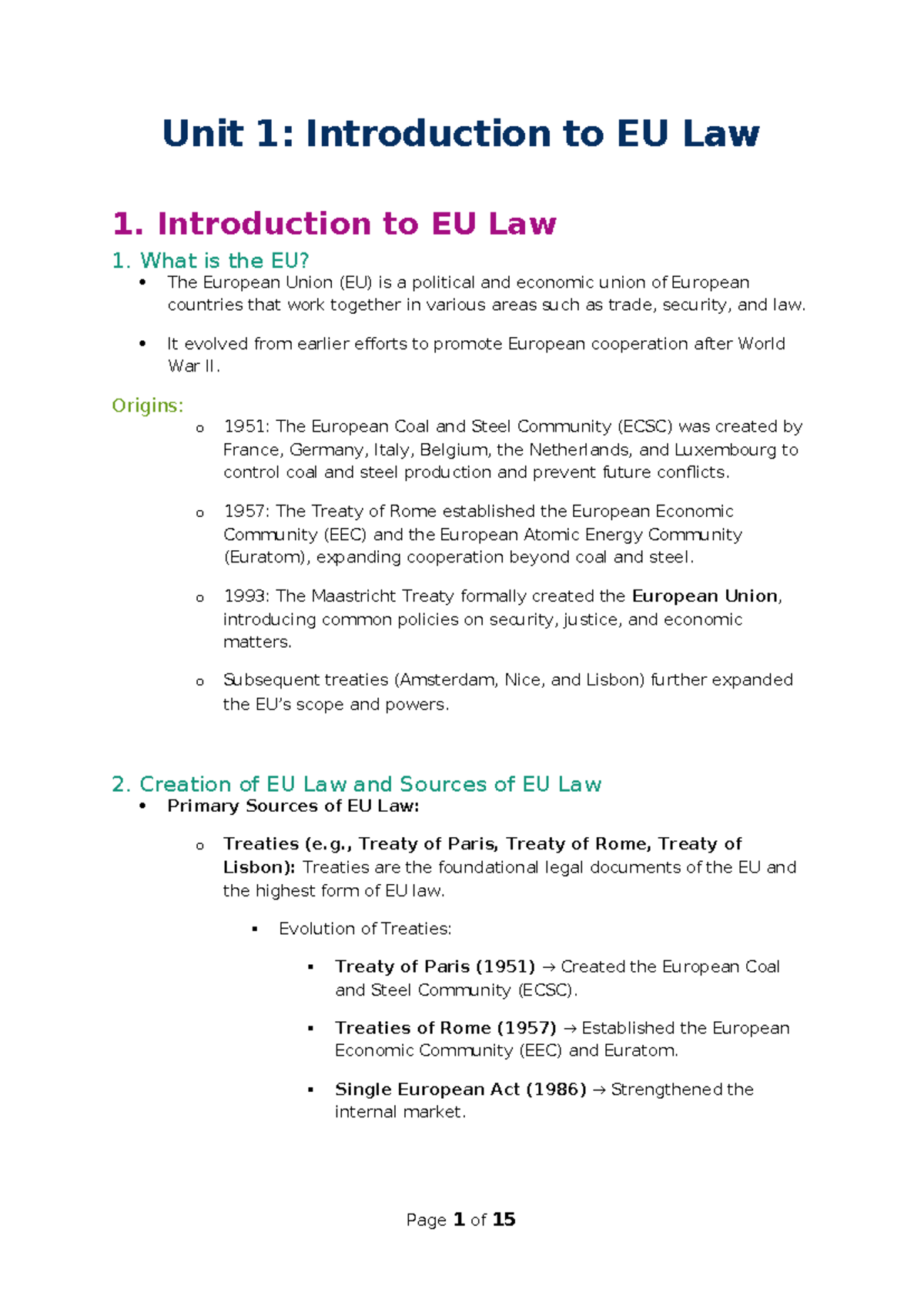 Unit 1: Intro to EU Law - Key Concepts and Legal Framework - Studocu