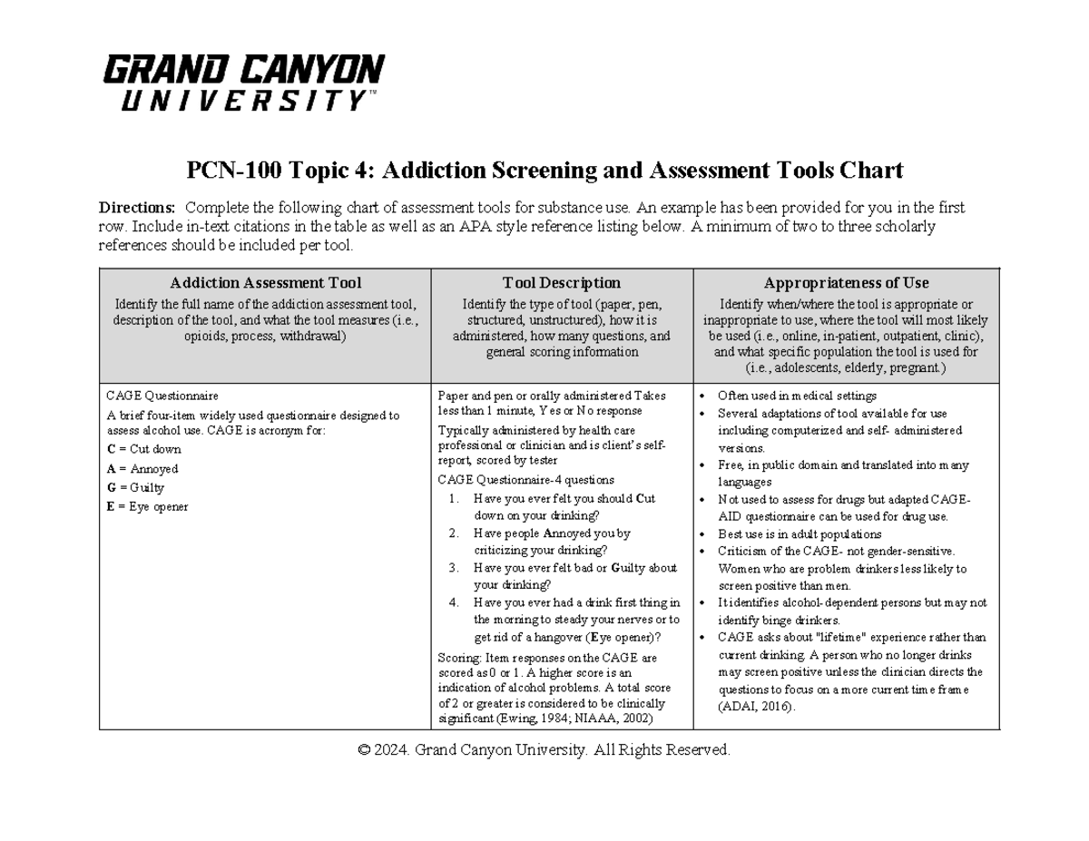 PCN-100-RS-T4Addiction Screening Assessment Tool Chart (1) - PCN-100 ...