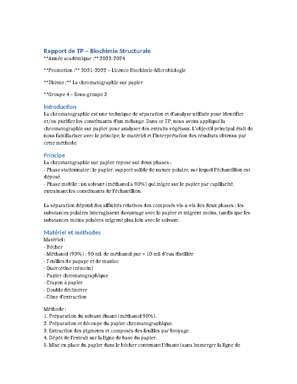 Rapport de TP Biochimie Structurale : Chromatographie sur Papier - Studocu