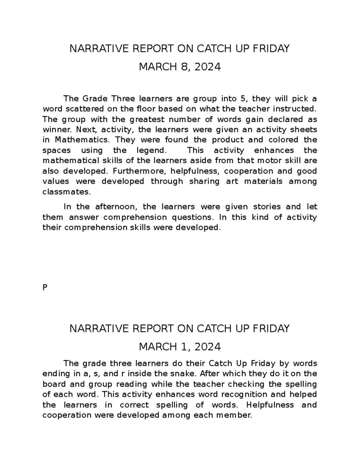 Narrative Report ON Catch UP Friday - NARRATIVE REPORT ON CATCH UP ...