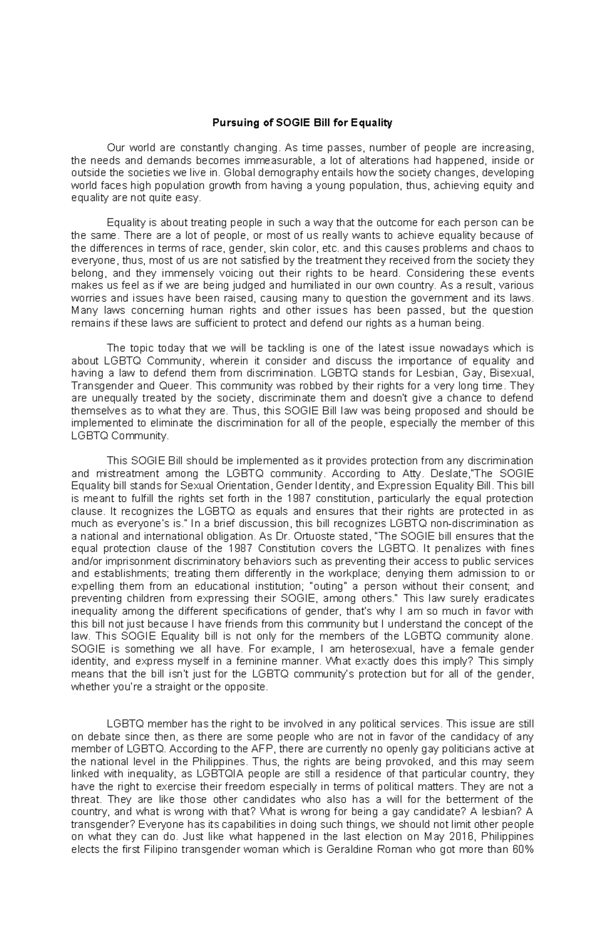 SOGIE Bill: A Persuasive Speech for Equality and Inclusion - Studocu