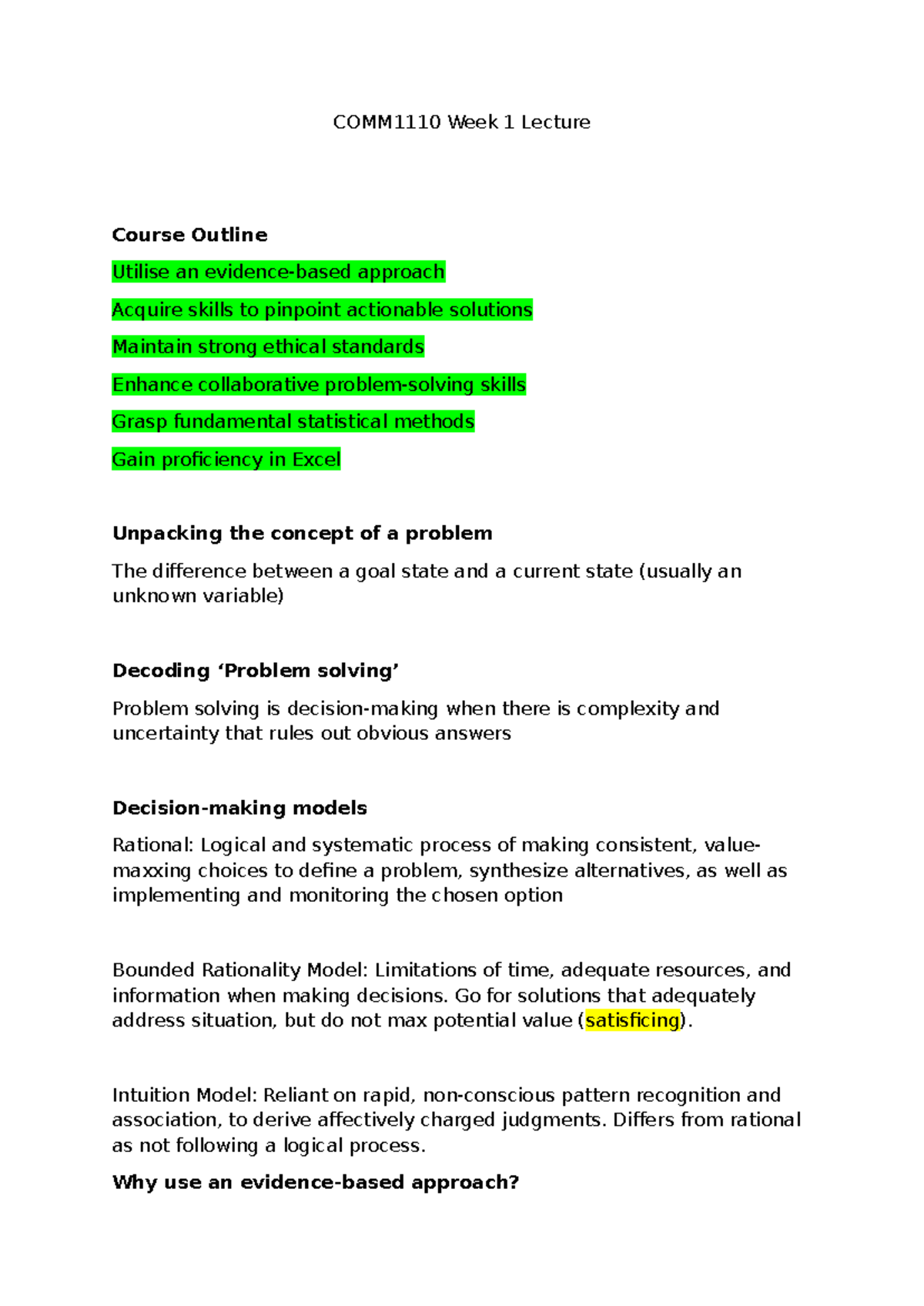 COMM1110 Week 1 Lecture: Problem Solving Approaches and Biases - Studocu