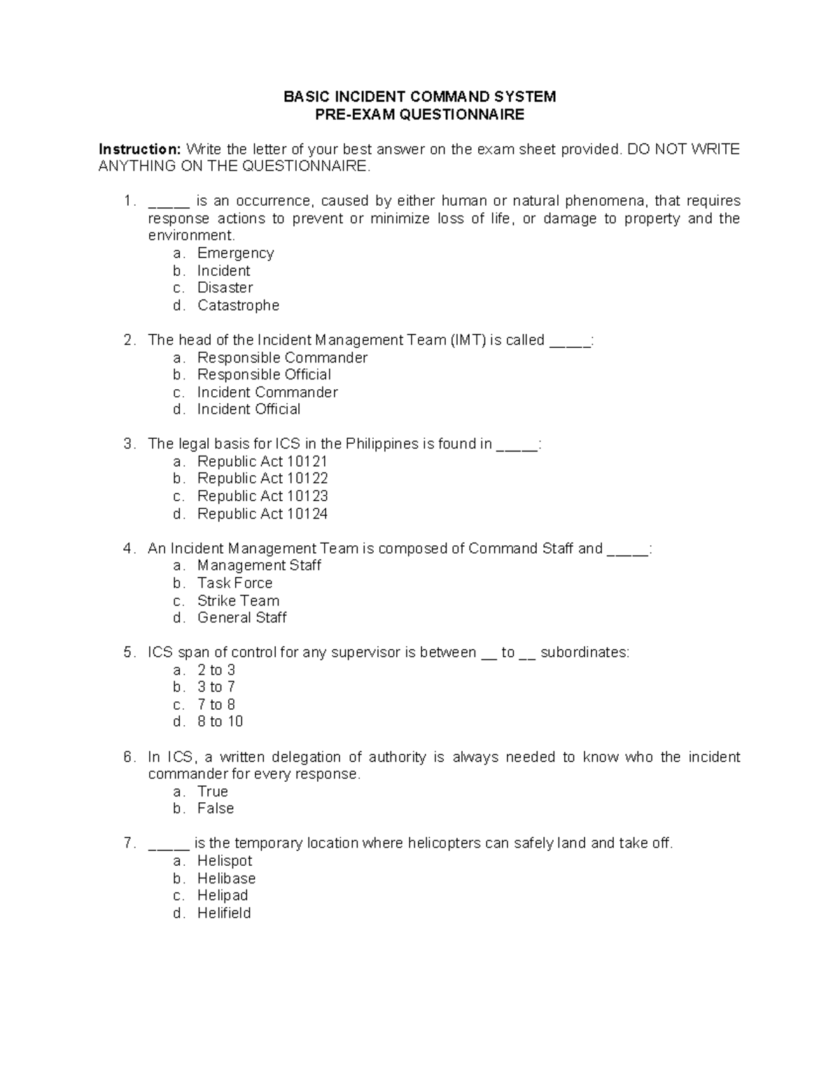 BASIC INCIDENT COMMAND SYSTEM (ICS) PRE-EXAM QUESTIONNAIRE - Studocu