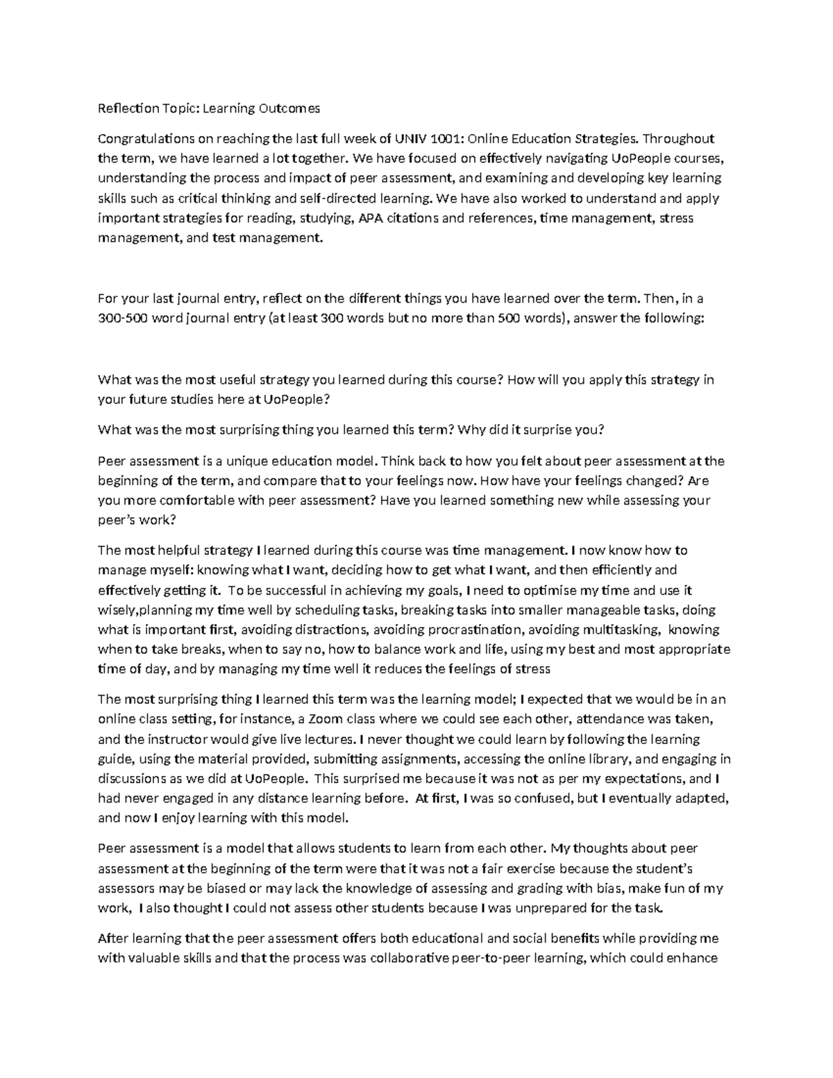 UNIV 1001: Reflection on Learning Outcomes and Strategies in Online ...