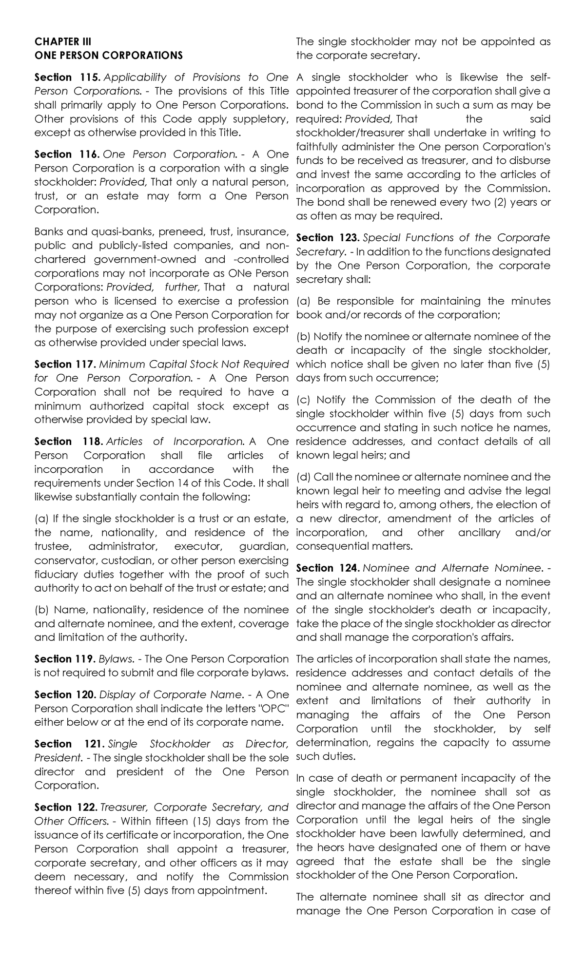 One person corporation law - CHAPTER III ONE PERSON CORPORATIONS ...