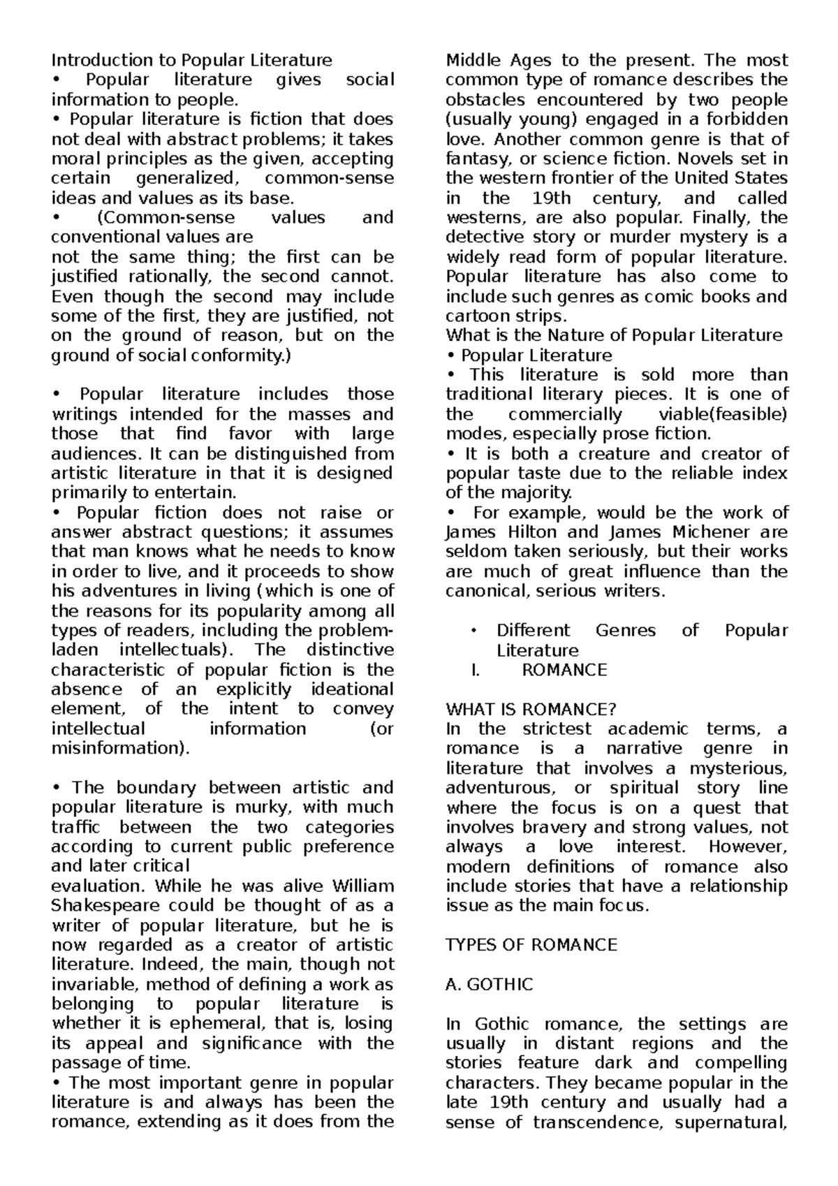 ENG 101: Intro to Popular Literature and Its Key Genres - Studocu