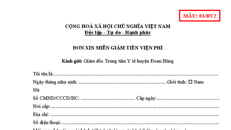 Đơn Xin Miễn Giảm Tiền Viện Phí - Mẫu Cộng Hòa Xã Hội Chủ Nghĩa Việt ...