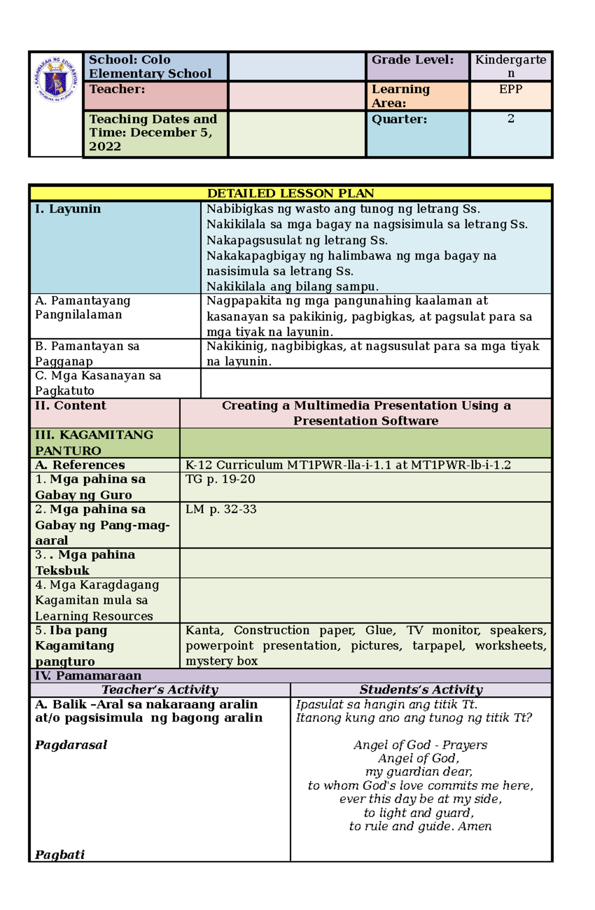 DLP- EPP Kindergarten Lesson Plan on Letter Ss (Revised) - Studocu