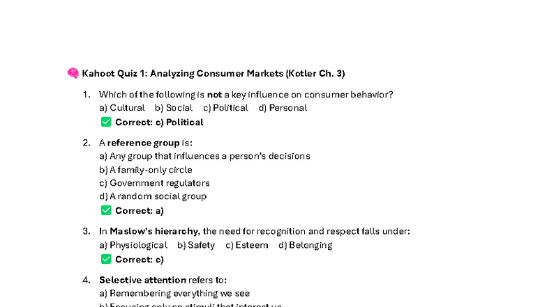 Kahoot Quiz 1: Consumer Behavior Insights (Kotler Ch. 3) - Studocu
