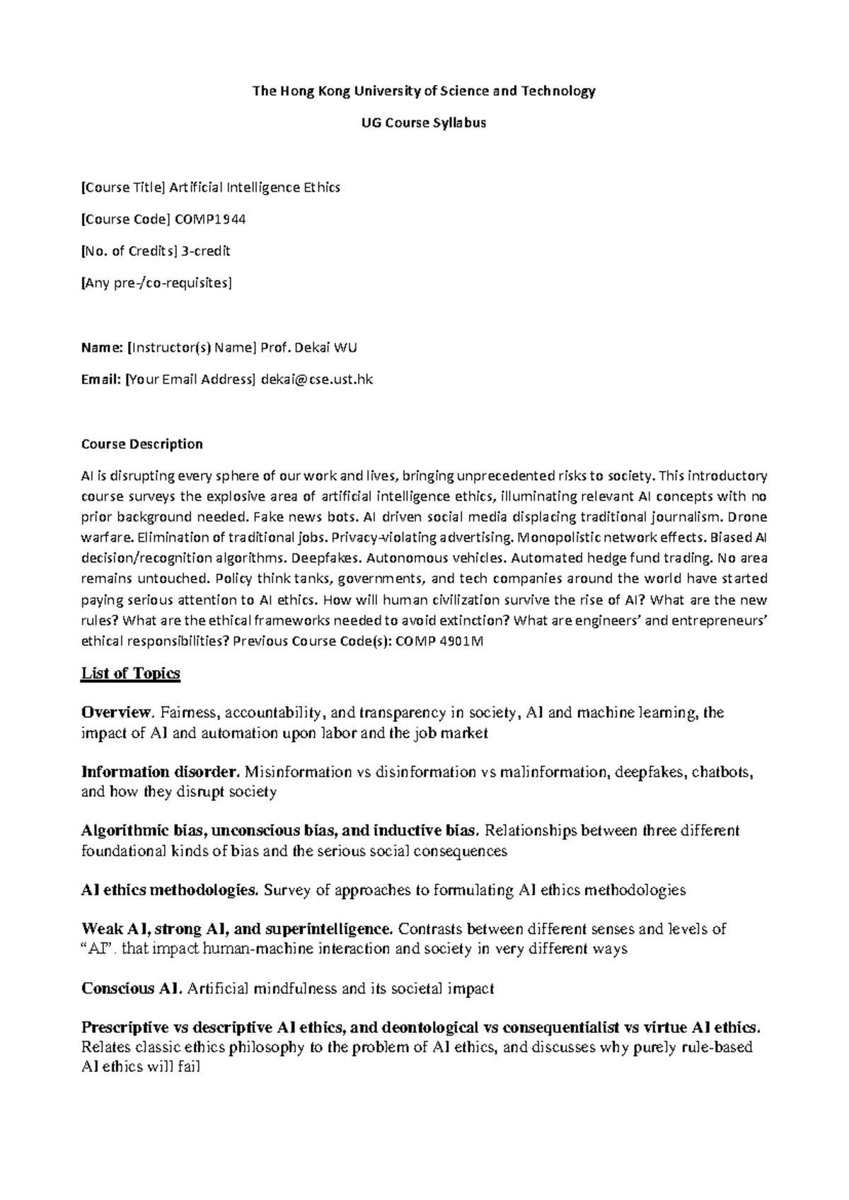 COMP1944 Syllabus: AI Ethics Overview for Spring 2024-25 - Studocu