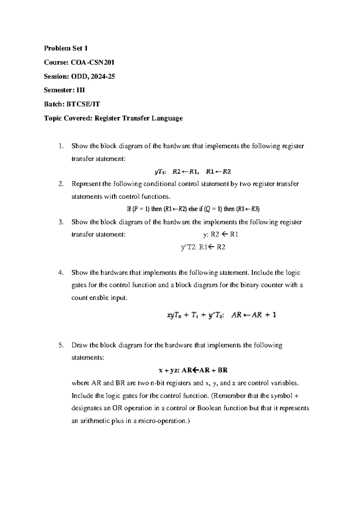 COA-CSN Practice Set 1 - Midterm on Register Transfer Language - Studocu