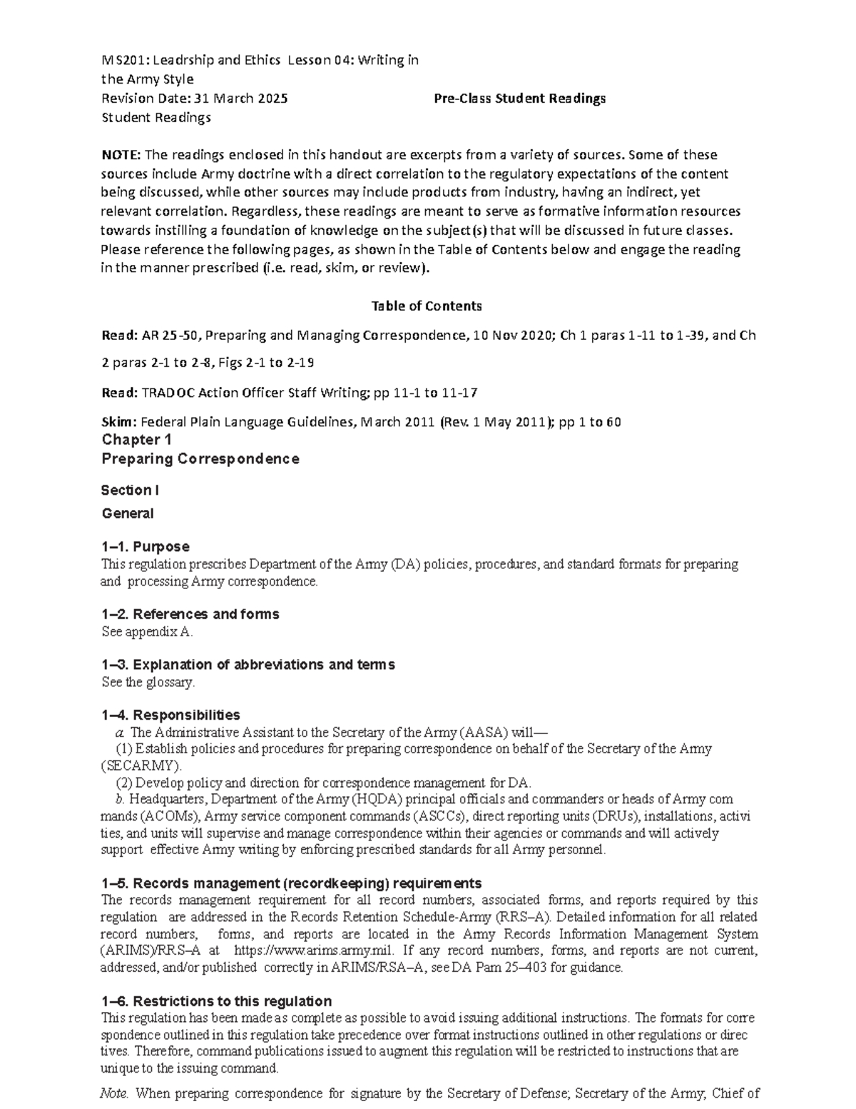 MS201: Leadership and Ethics Lesson 04 - Army Writing Style - Studocu