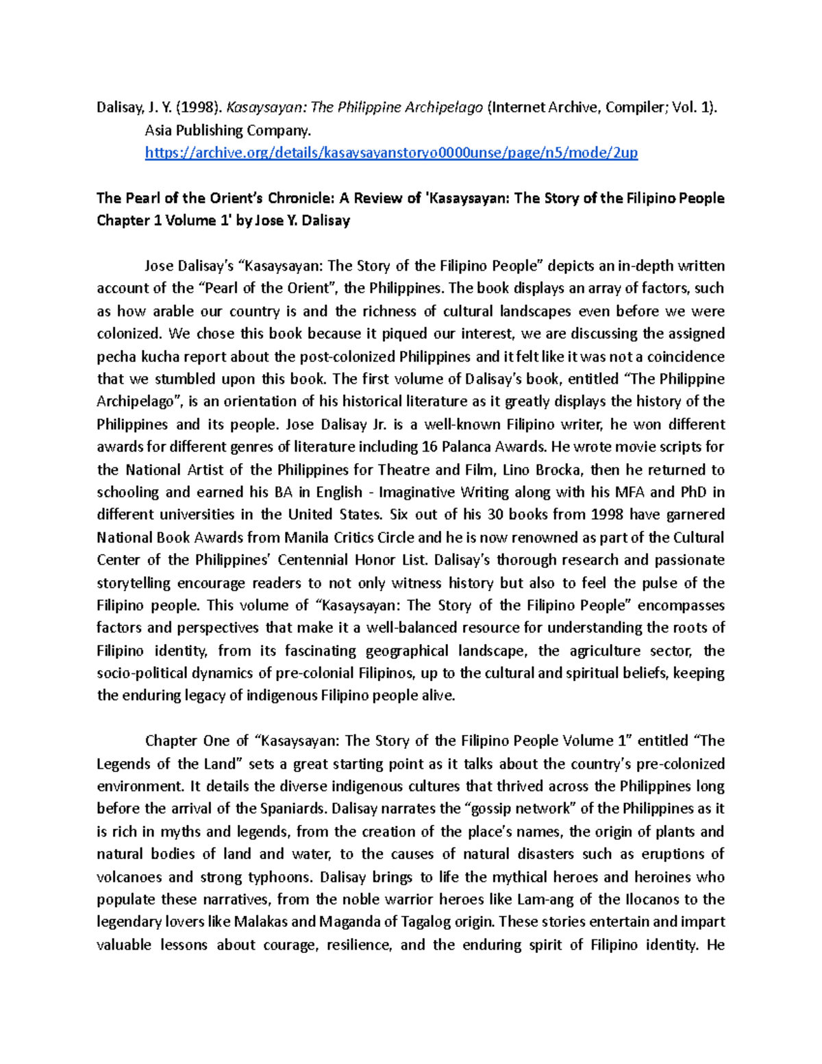 Chapter 1 Overview of 'Kasaysayan: The Story of the Filipino People ...