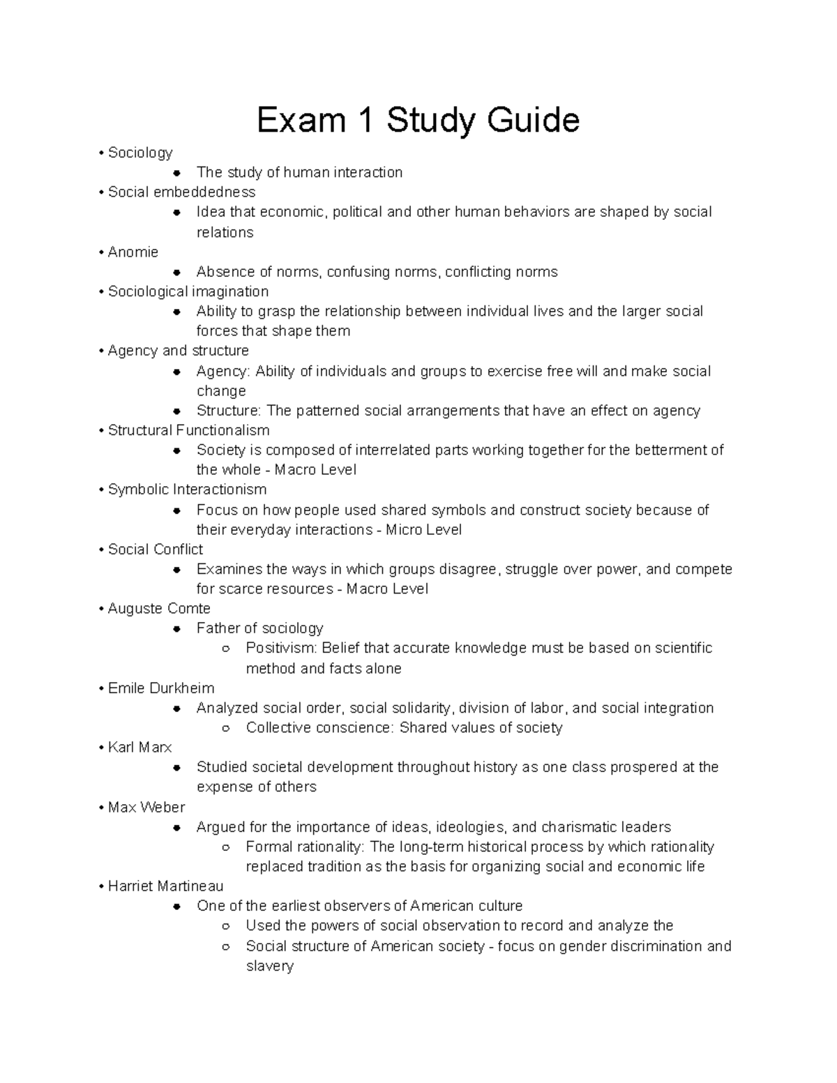 Sociology 101: Exam 1 Study Guide on Key Concepts and Theories - Studocu